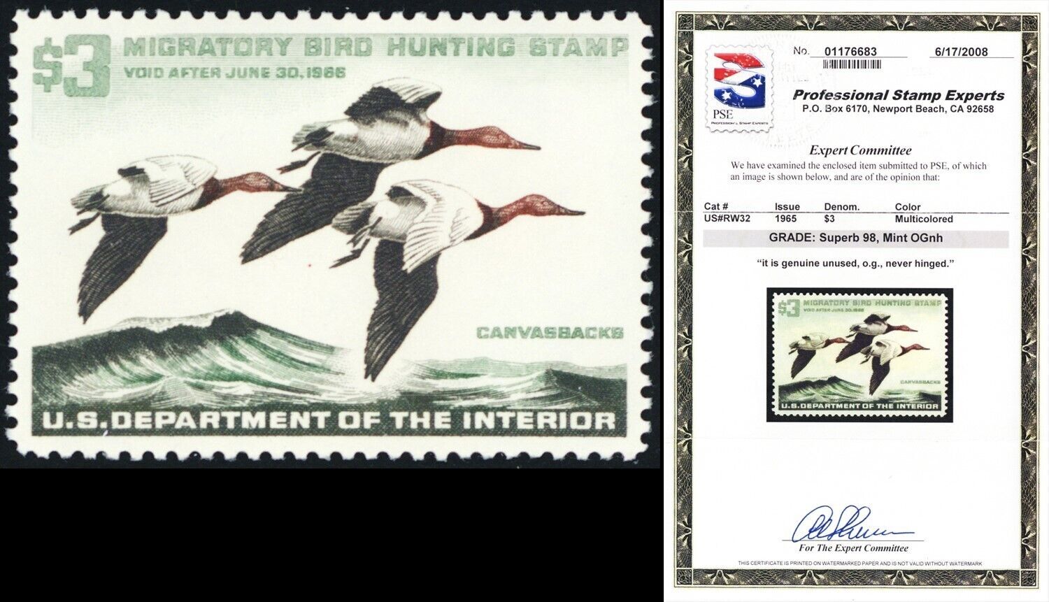 RW32, Mint Superb NH $3 Duck Stamp - Graded 98 PSE Certificate * Stuart ...