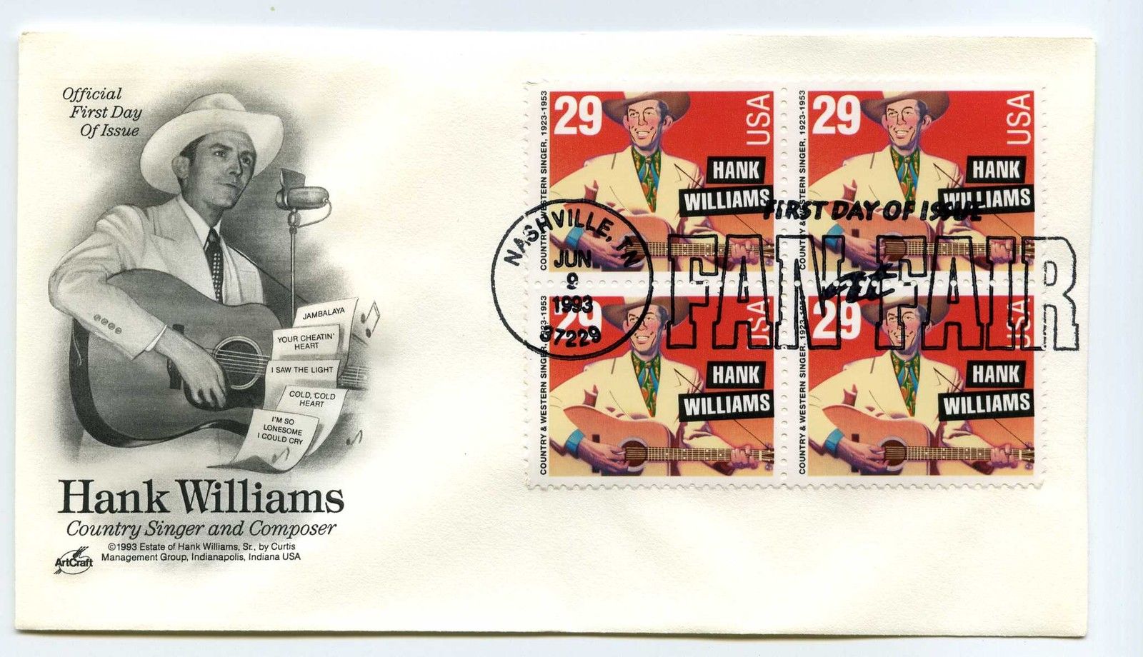 2723 Hank Williams Artcraft block of 4 FDC | United States, General ...