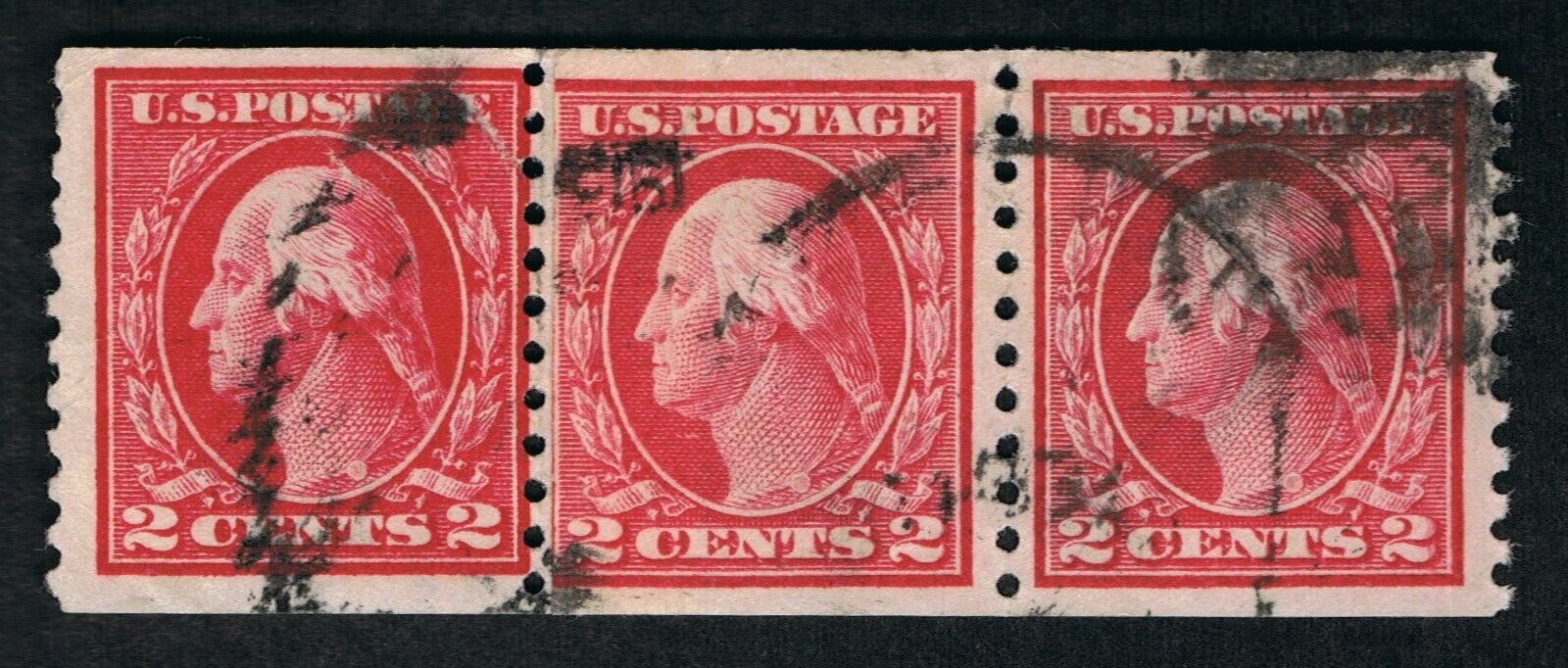 Genuine Scott #444 Postally Used 1914 Coil Paste-Up Strip of 3 Stamps ...