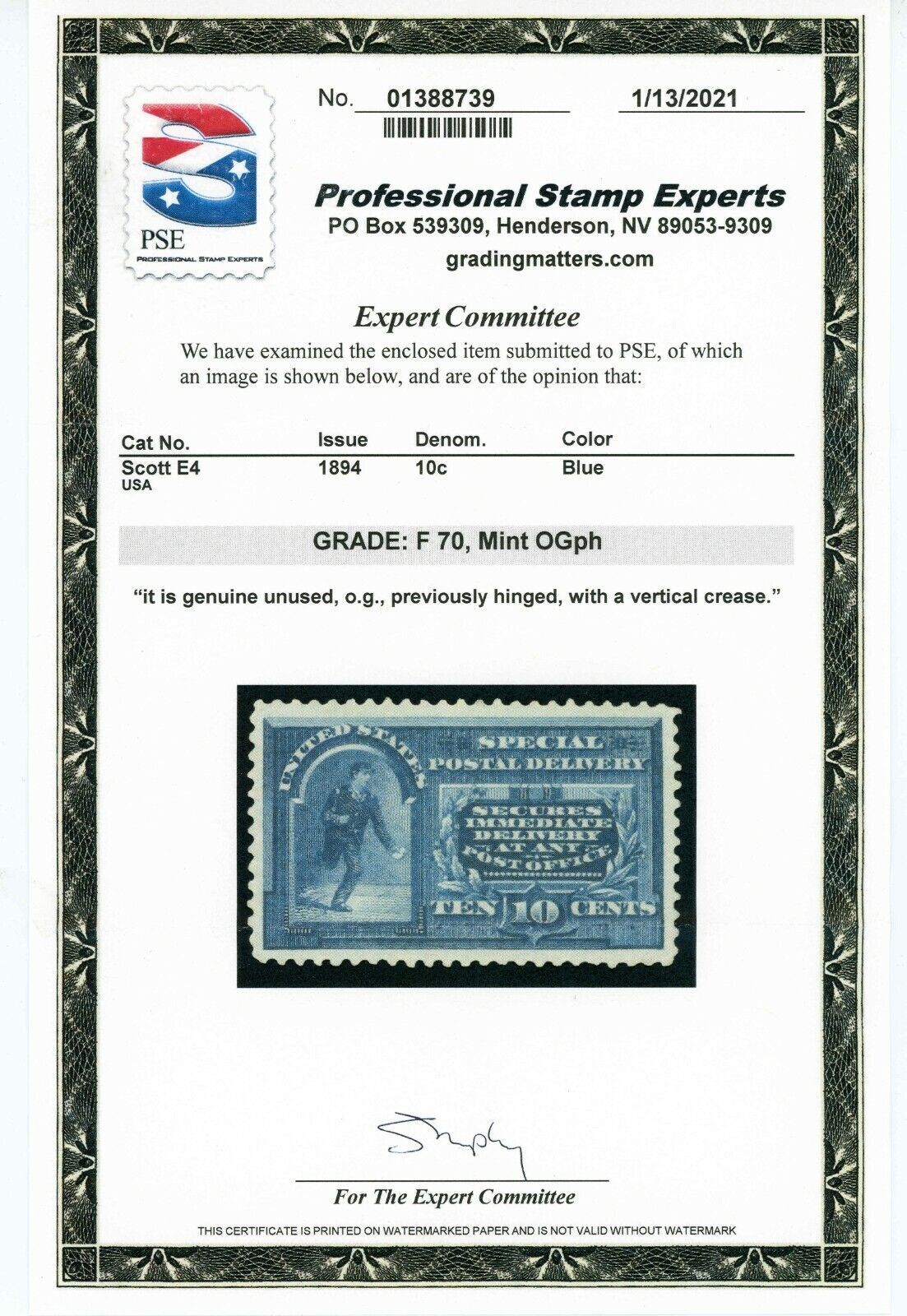 1894 US Special Delivery Stamp #E4 Mint LH OG VERY VERY LT CREASE, CERT ...