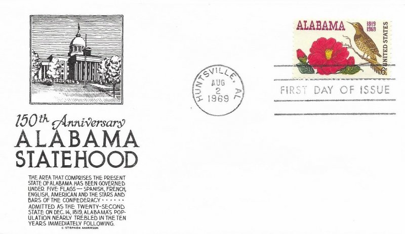 1969 FDC, #1375, 6c Alabama Statehood 150th, Anderson | United States ...
