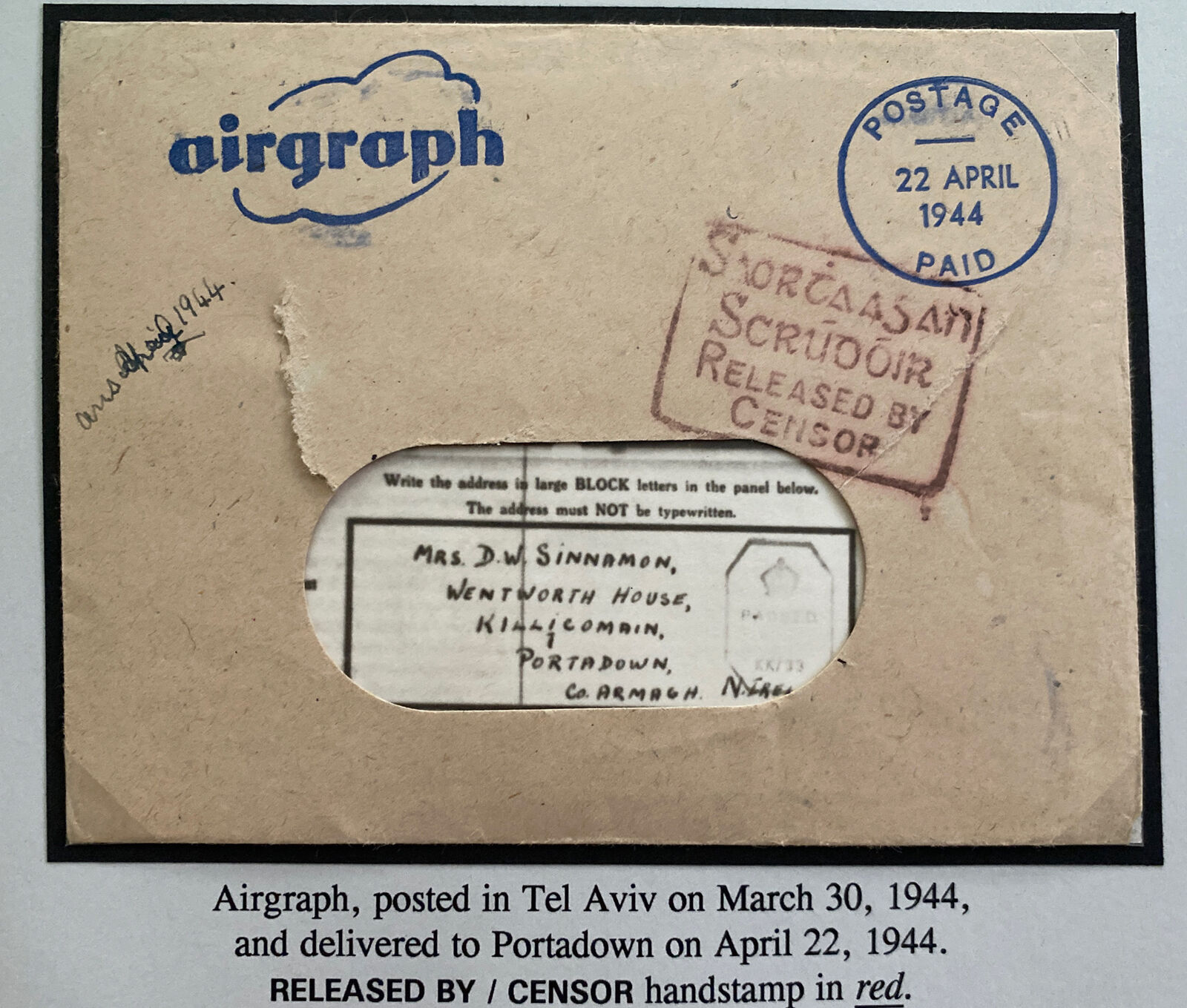 1943 British Forces In Palestine Leaflet Airgraph Cover To Portadown Ireland | Great Britain ...