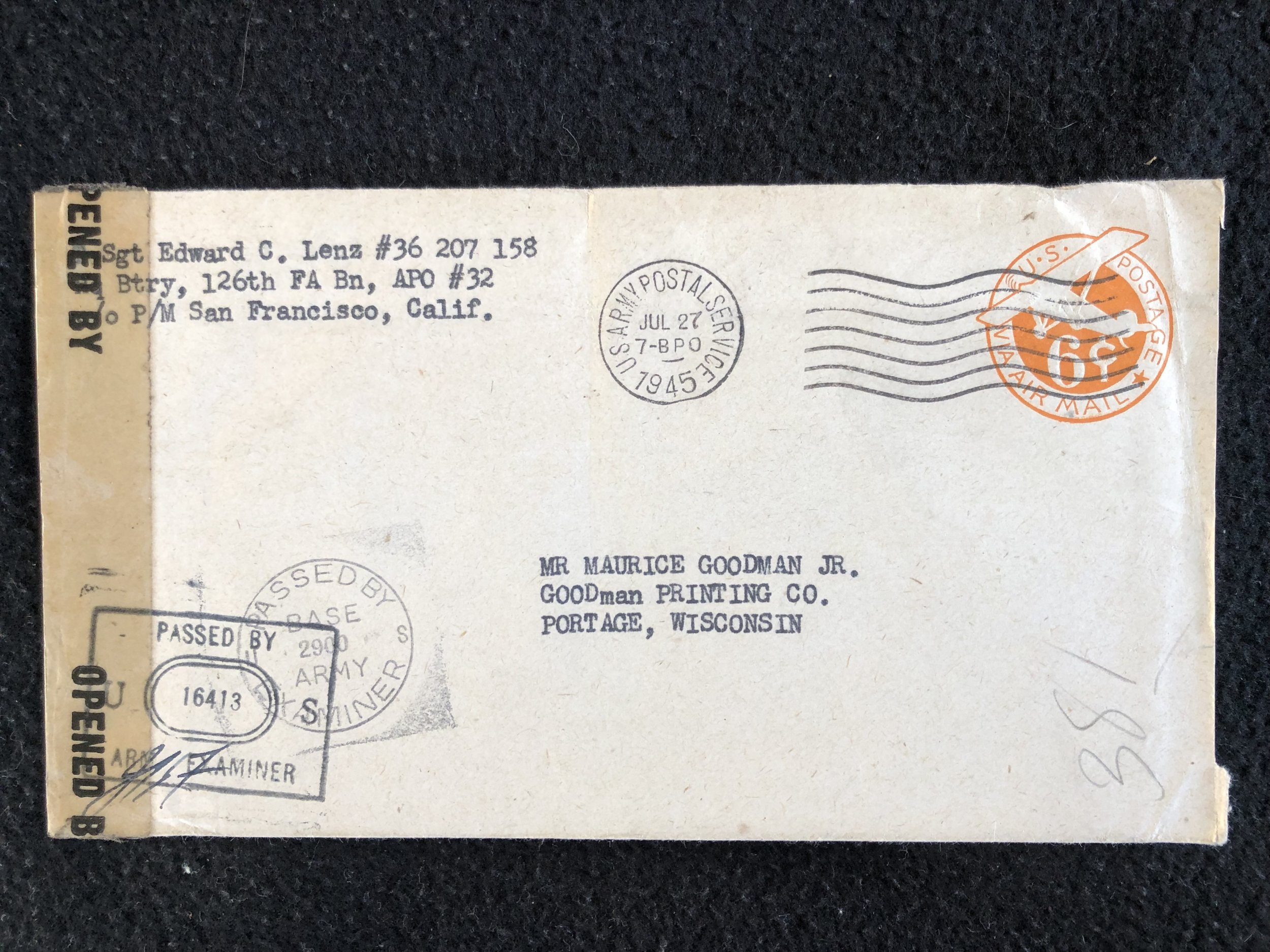 UC5 1945 US Army Postal Service Censored cover w 2 censor markings ...