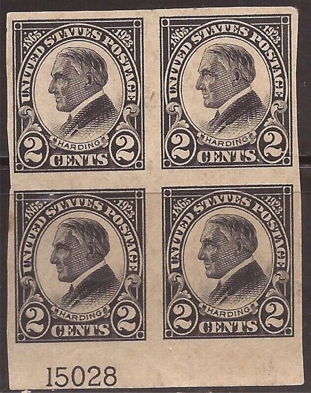US Stamp - 1923 Harding Memorial - 4 Stamp Block with Plate Number MH ...