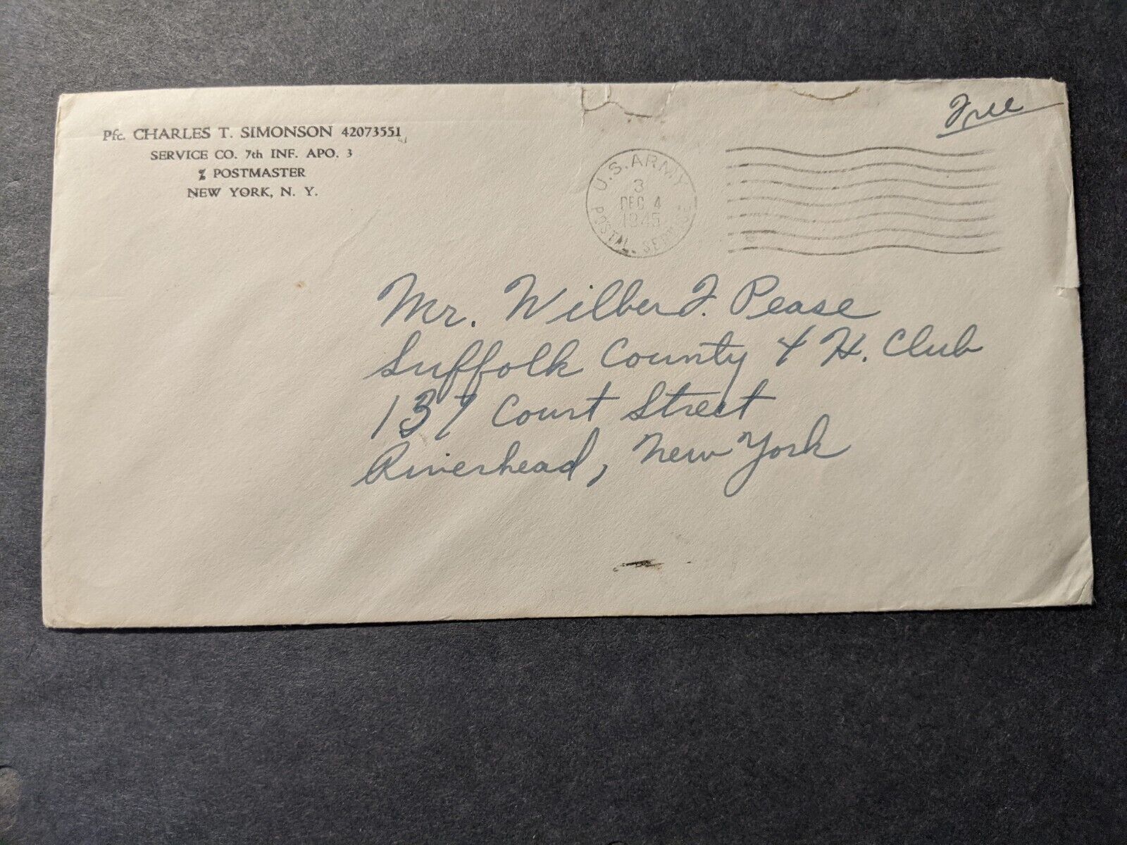 APO 3 ZIEGENHAIN, GERMANY, ETO 1945 WWII Army Cover 7th Infantry ...