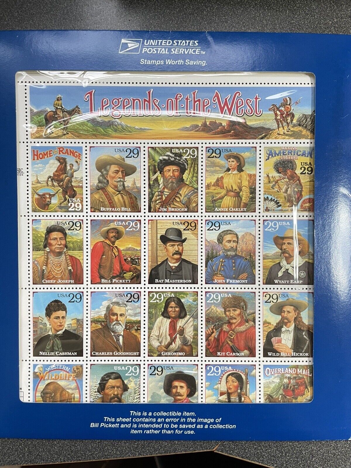 US 2870 MNH VF RECALLED Legends of the West Error Sheet w/ package ...