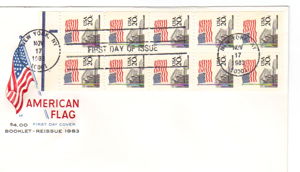 US 1896bv 20c Flag Booklet Pane of 10 on FDC Farnam Cachet ECV $30.00 ...