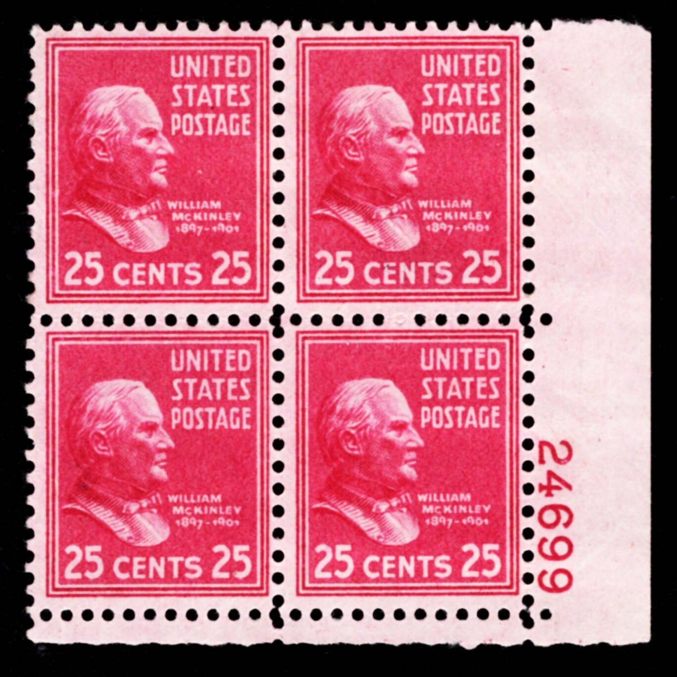 US 829 MNH VF 25 Cent William McKinley Plate Block of 4 LR #24700 ...