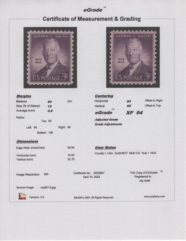 Scott #937 MNH OG 3c "Alfred E. Smith" eGraded With Certificate ...