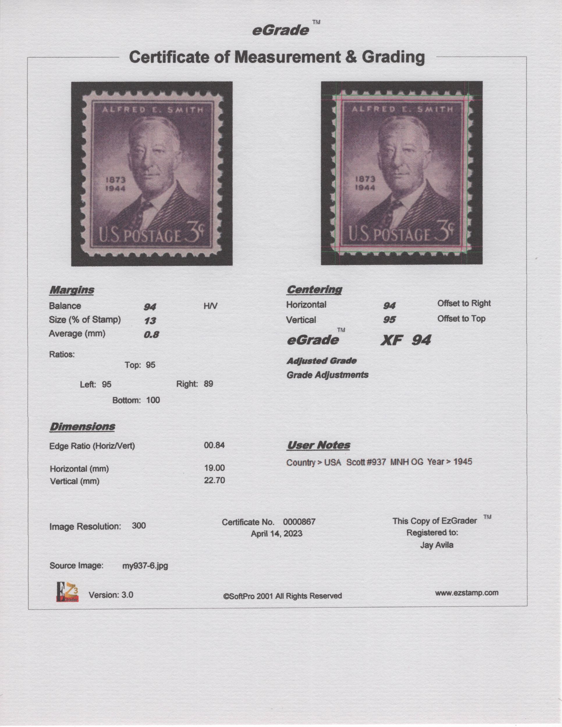 Scott #937 MNH OG 3c "Alfred E. Smith" eGraded With Certificate ...