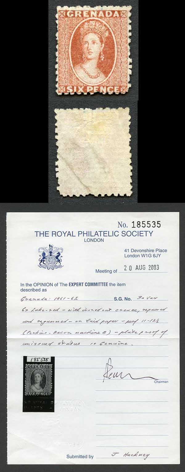 Grenada SG3a 6d Lake-red Plate Proof Perforated by Perkins Bacon ...