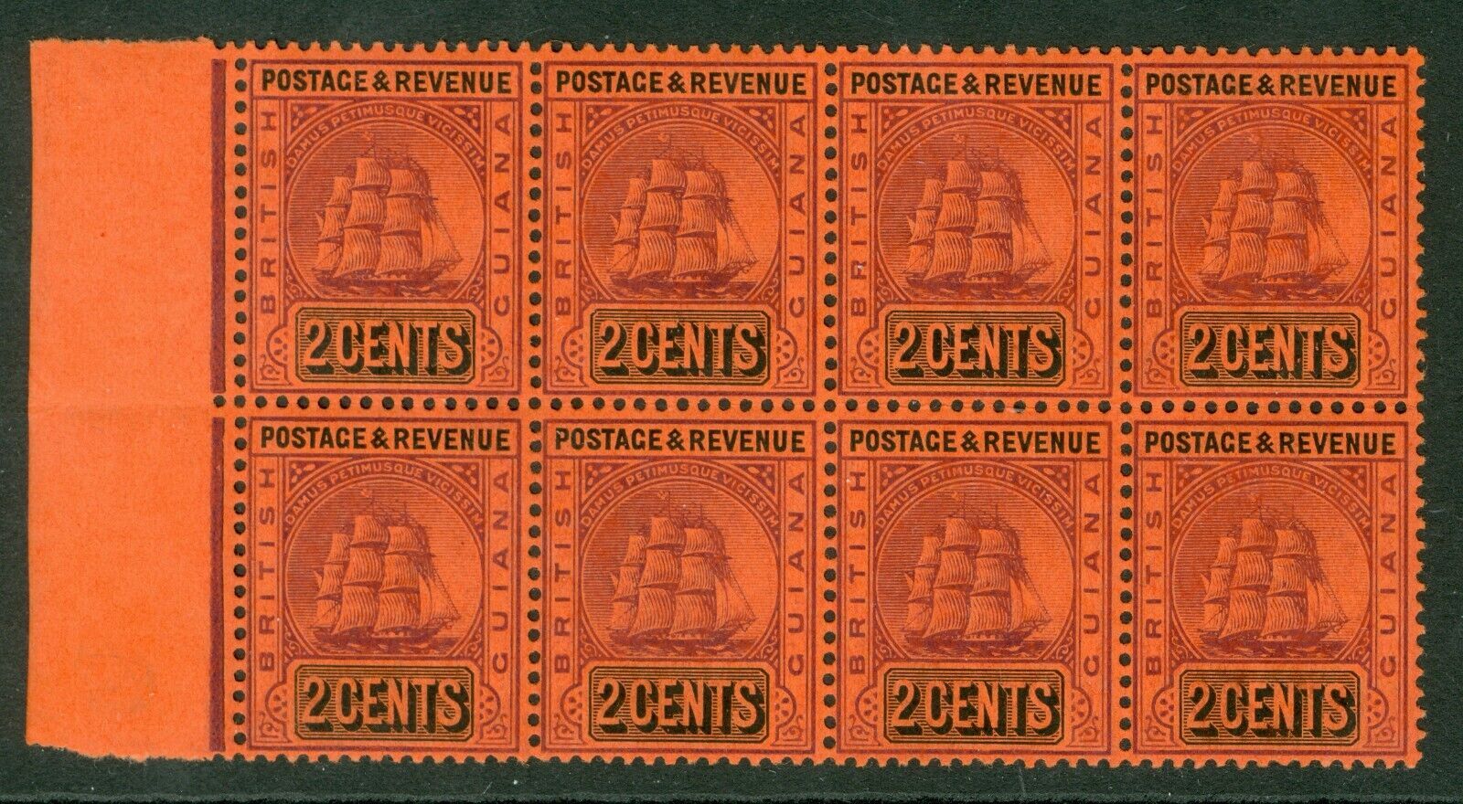 SG 241 British Guiana 1905-7. 2c purple & black/red marginal block of 8 ...