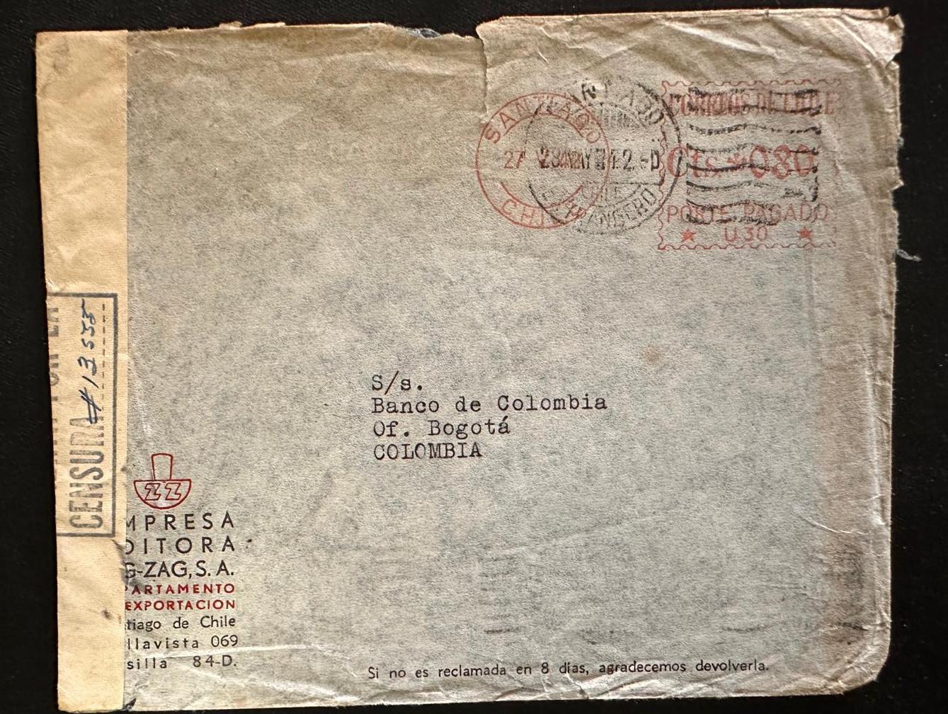 CM) 1942. Chile. Mechanical Postage. Envelope Sent to Colombia. XF ...