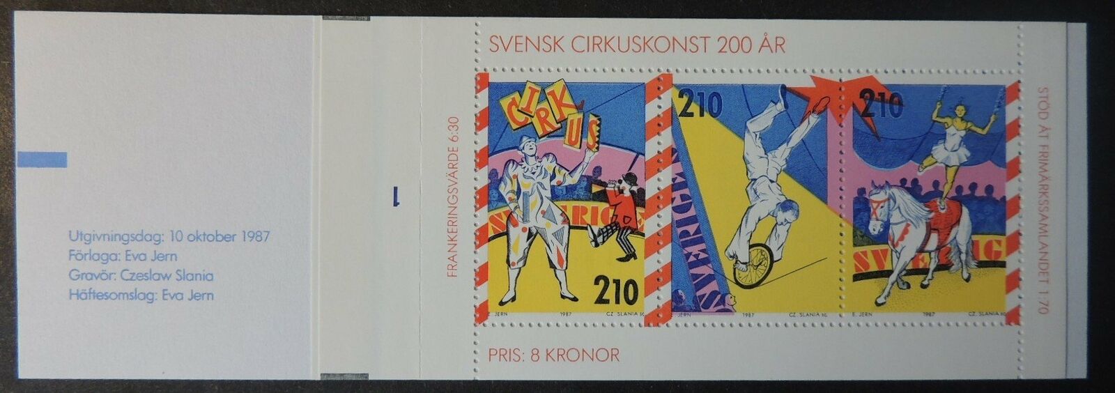 Sweden 1987 circus 200th annivesary stamp booklet 3v horses clown mnh ...