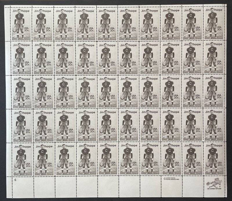 Scott 2089 JIM THORPE Sheet of 50 US 20¢ Stamps MNH 1984 | United ...