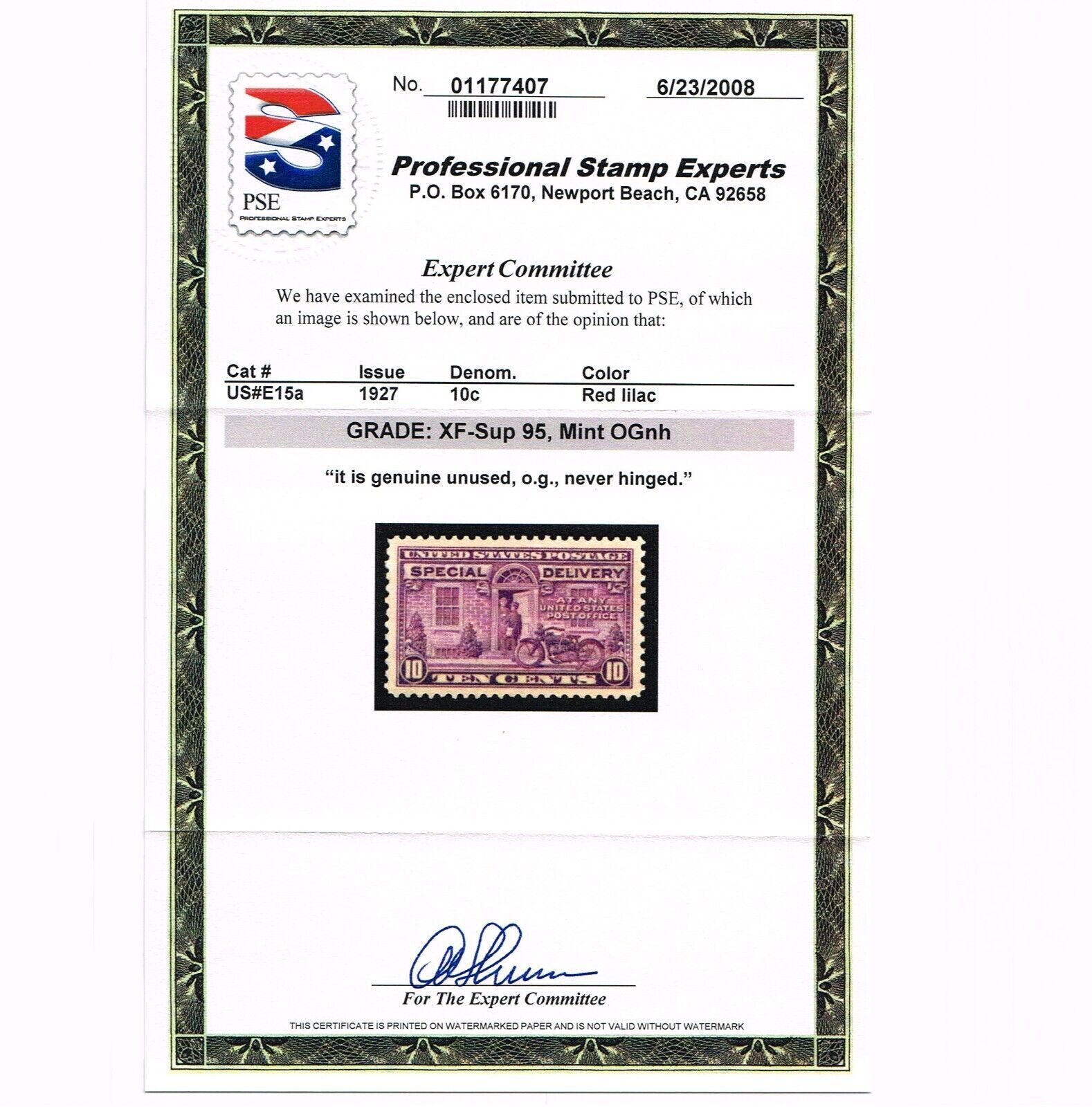 Exceptional Genuine Scott #E15A Mint Pristine OG NH PSE Cert Graded Xf ...