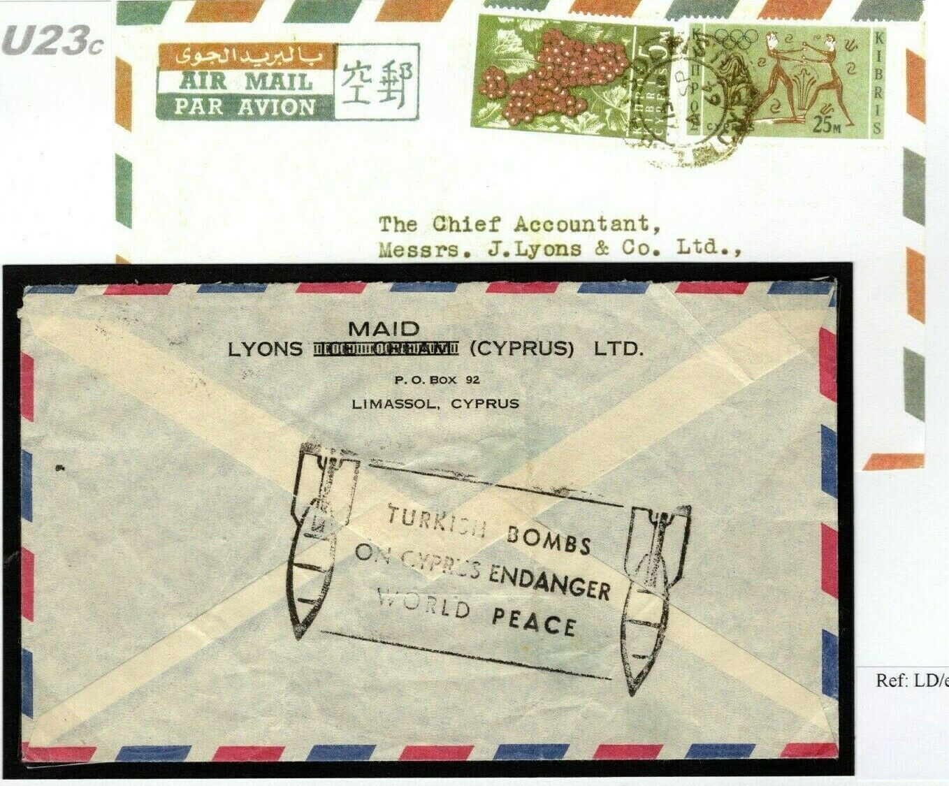 CYPRUS War Cover PROPAGANDA SLOGAN *TURKISH BOMBS* 1964 Commercial Air ...