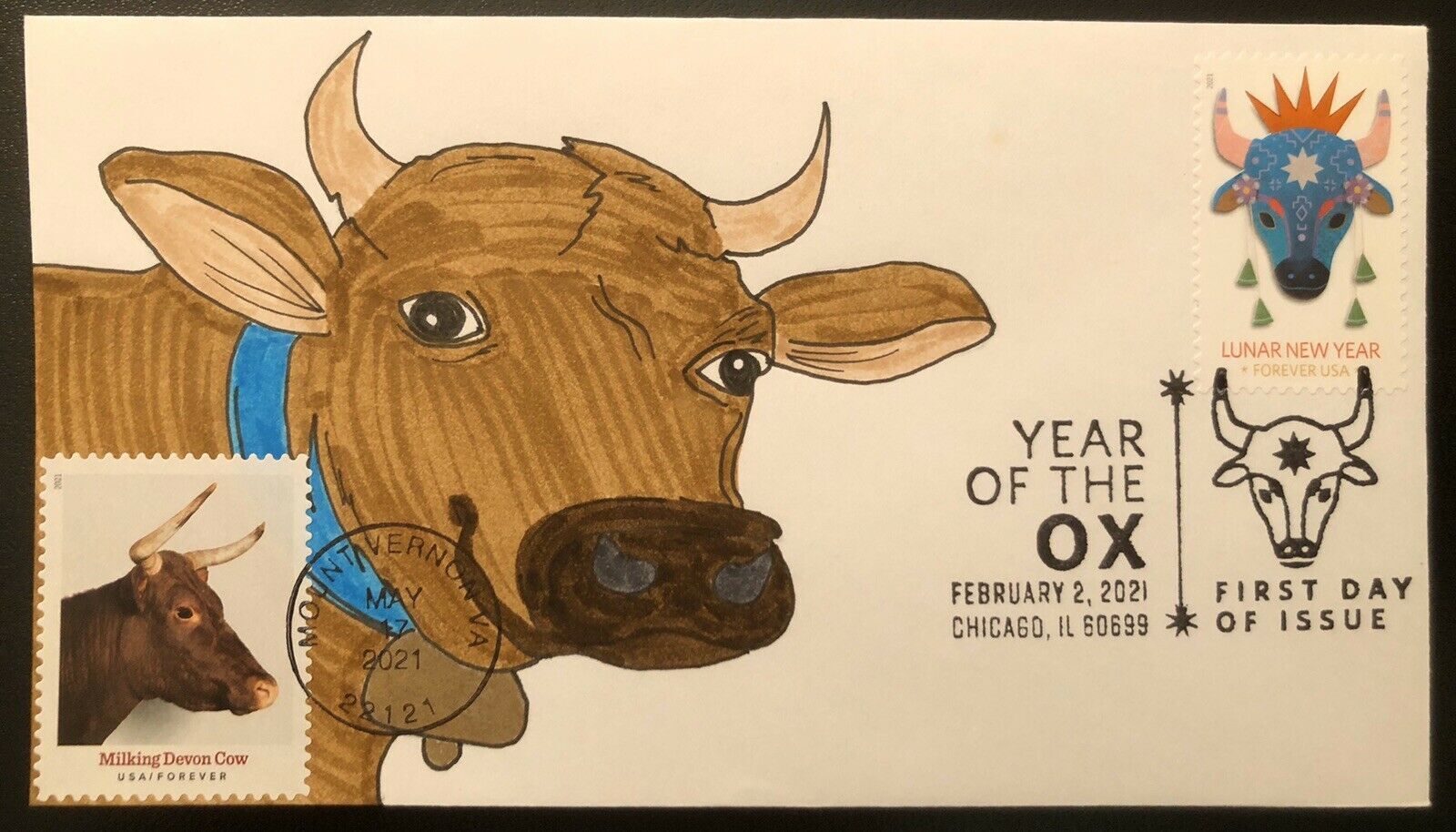 2021 Heritage Breeds FDC Milking Devon Cow Hand Drawn Cachet Lunar Year ...