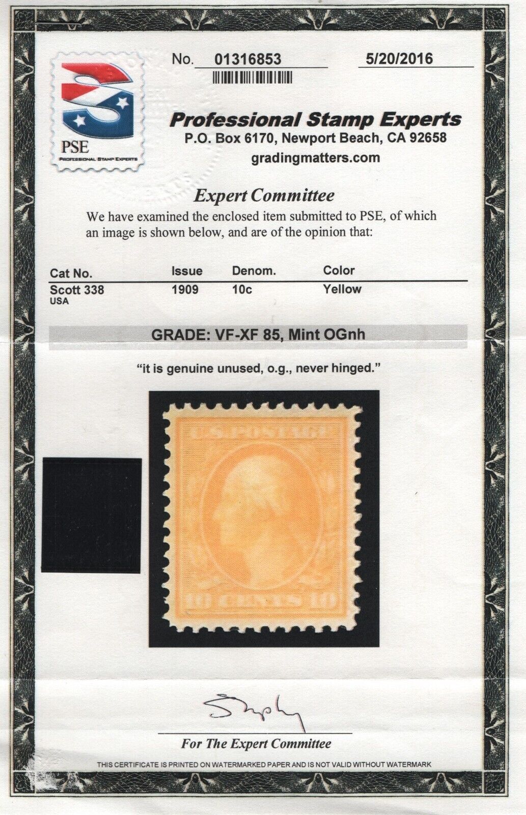 338 w/PSE graded 85 cert VF-XF OG never hinged nice color ! see pic ...