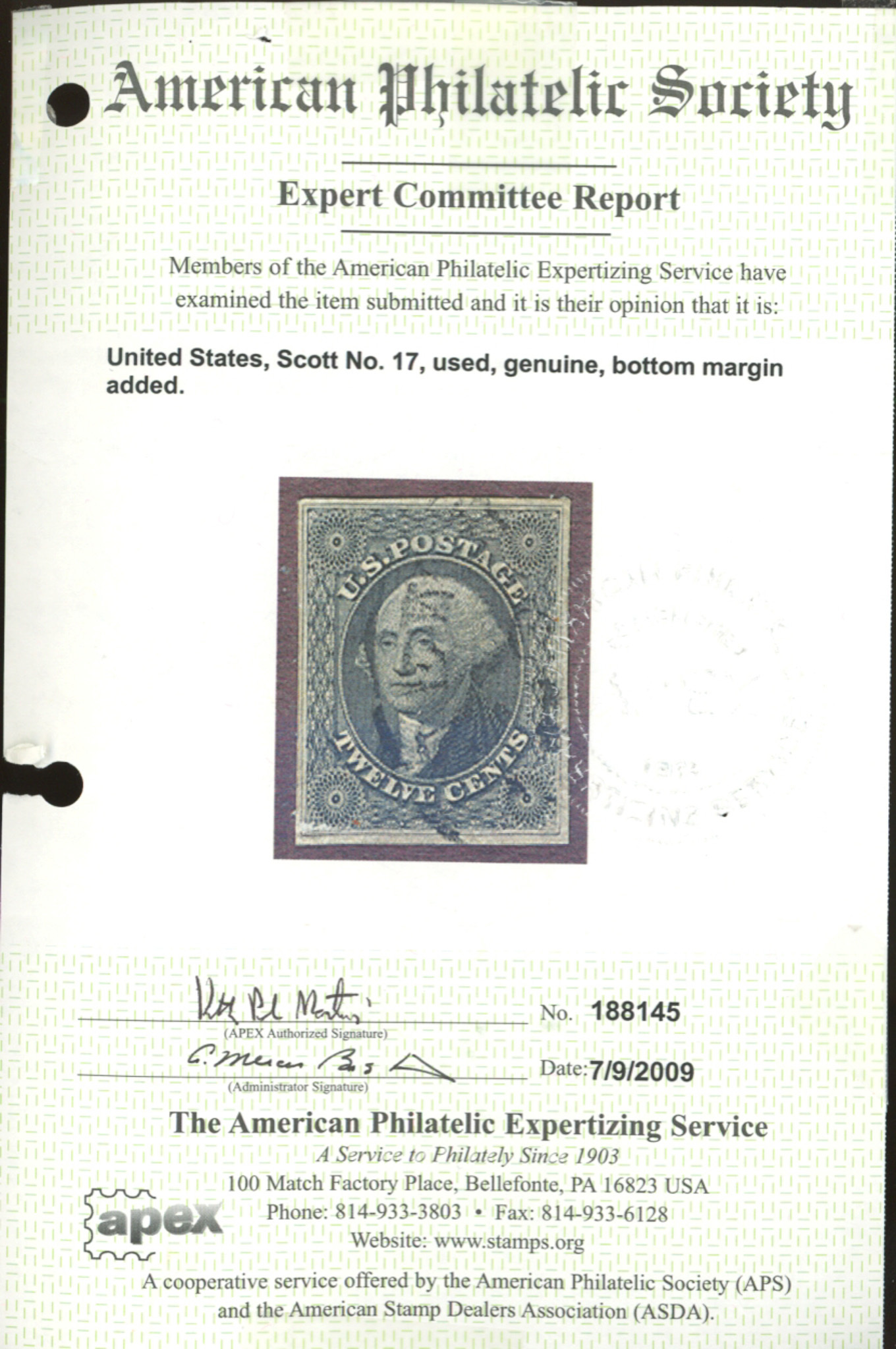 U.S. #17 Used With APS Cert | United States, General Issue Stamp / HipStamp