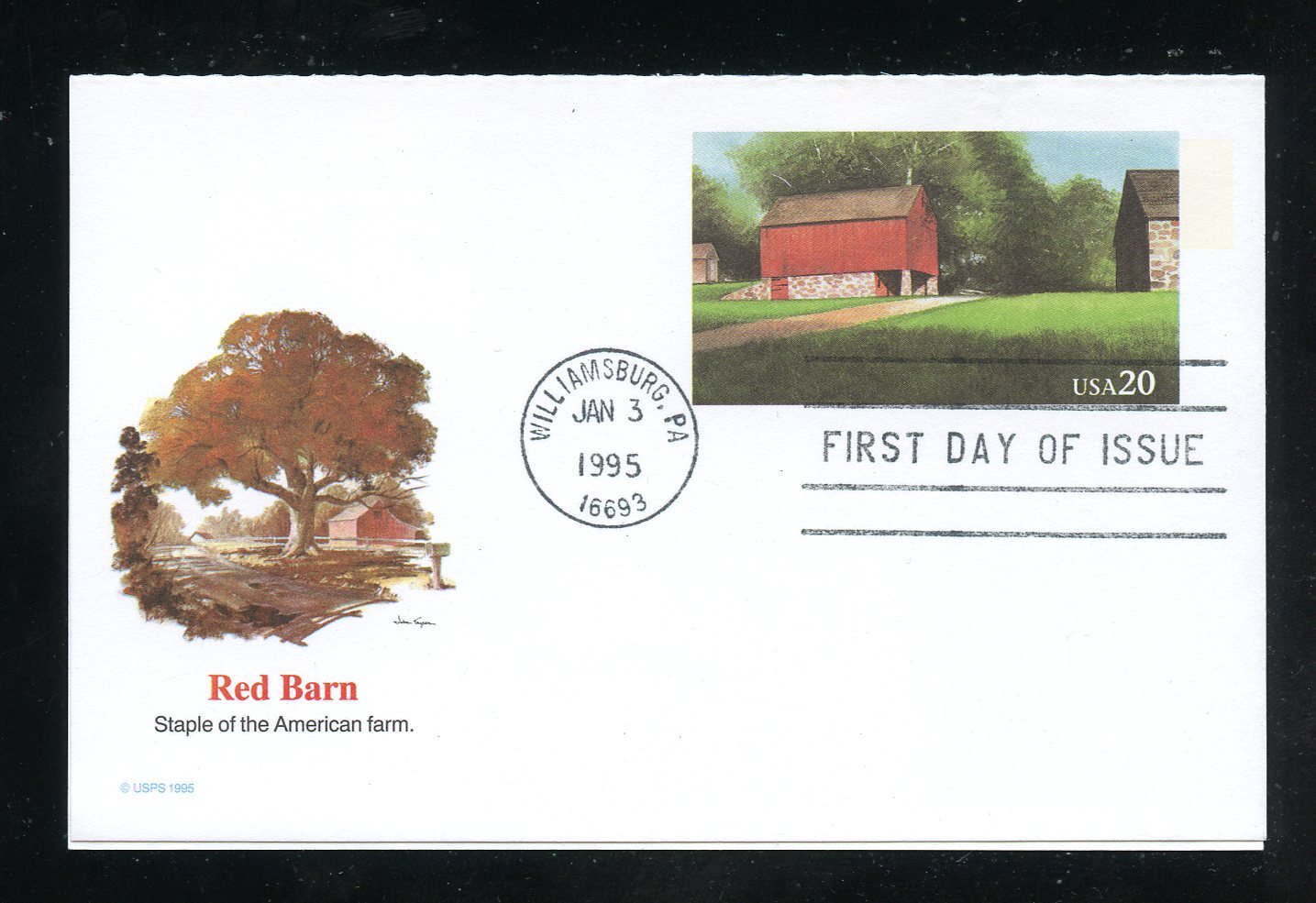 US UY41 20c + 20c Postal Reply Card Red Barn UA Fleetwood cachet FDC ...