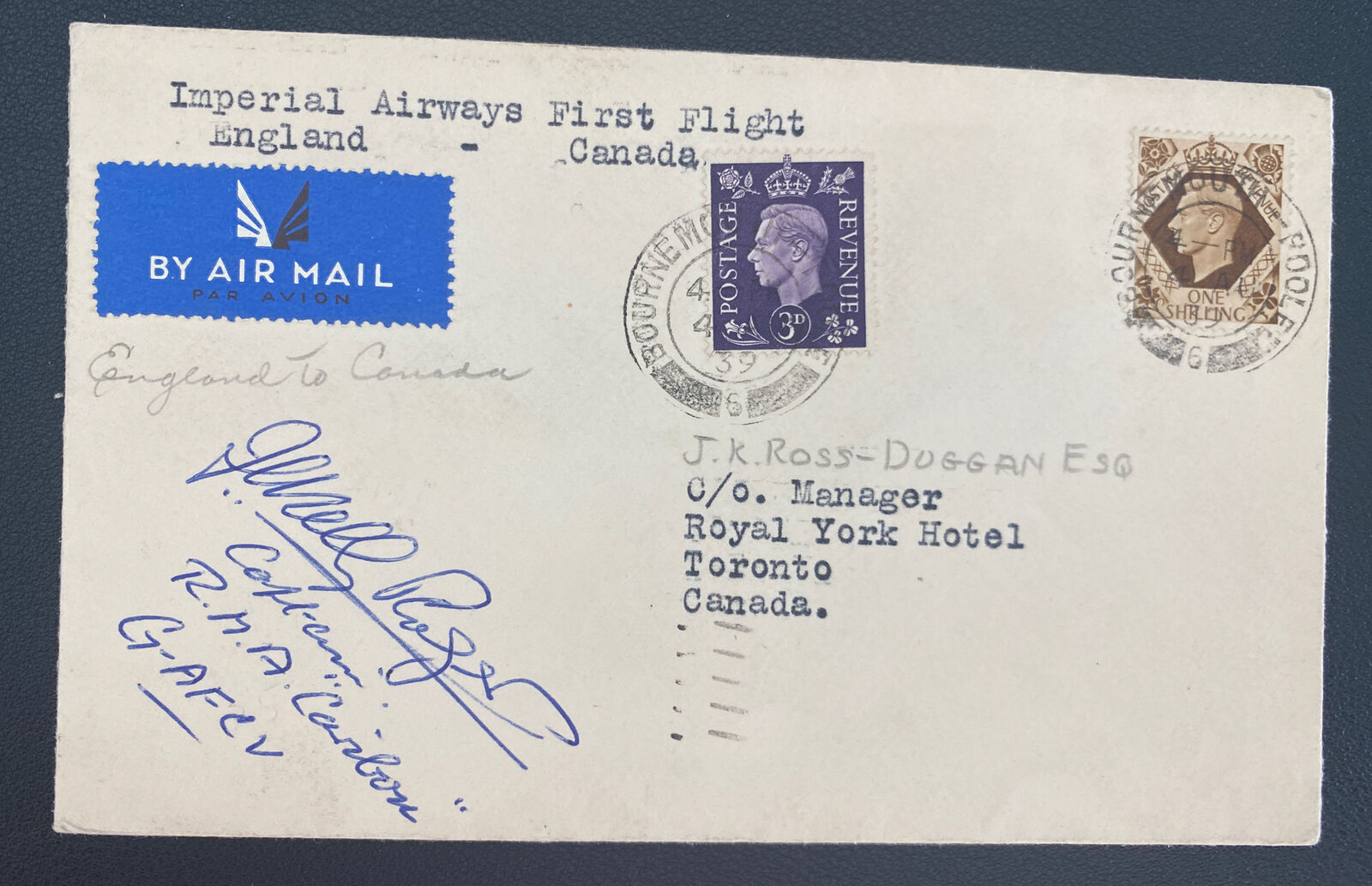 1939 Bournemouth England First Flight Airmail Cover To Toronto Canada ...