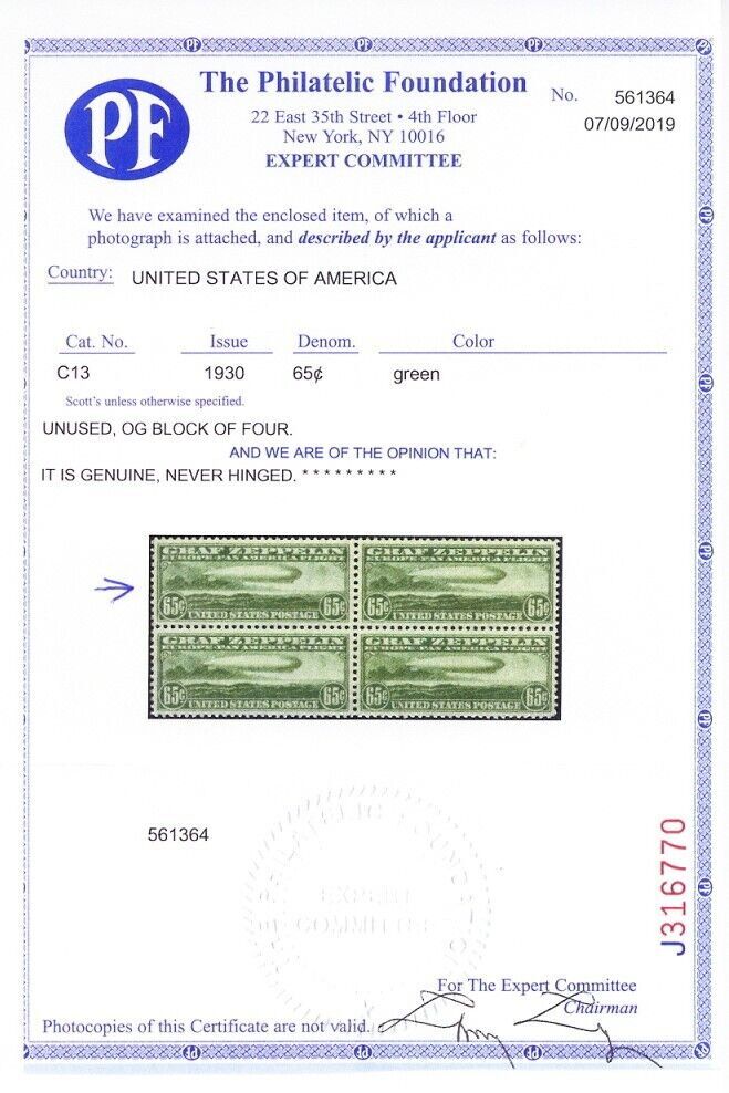 C13, Mint XF NH 65¢ Graf Zeppelin With (copy) PFC Certificate - Stuart ...