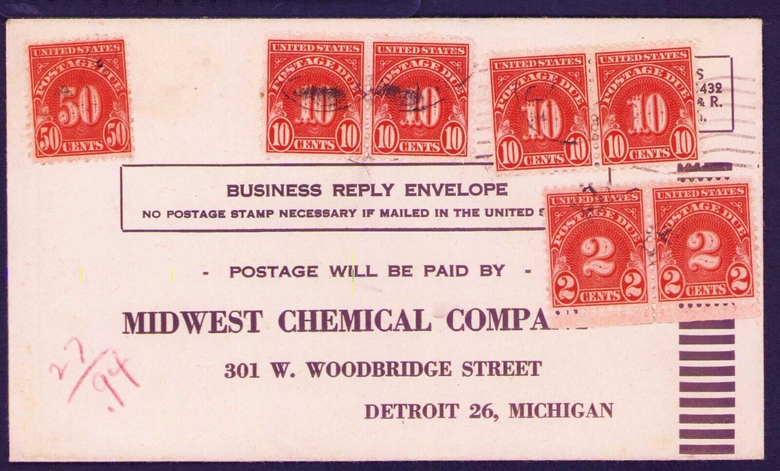 US COVER POSTAGE DUE Cover Midwest Chemical, Detroit, Mich 50¢, 4 10 ...