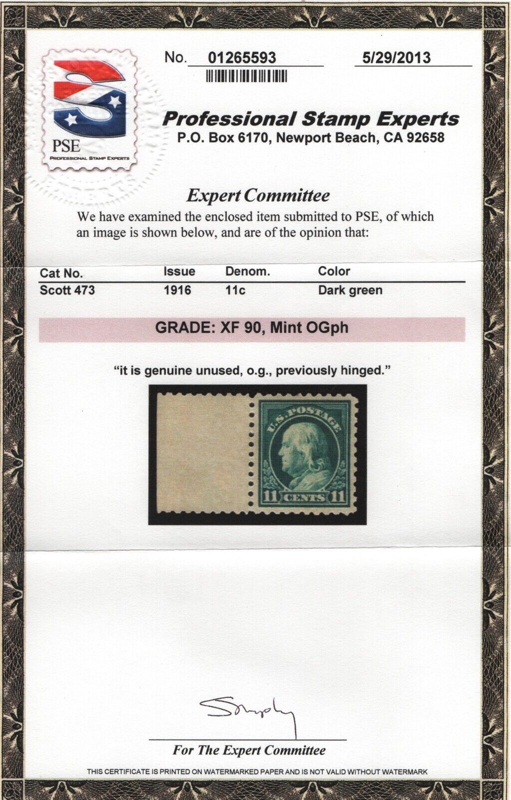 473 Choice XF PSE graded 90 OG lightly hinged with nice color ! see pic ...