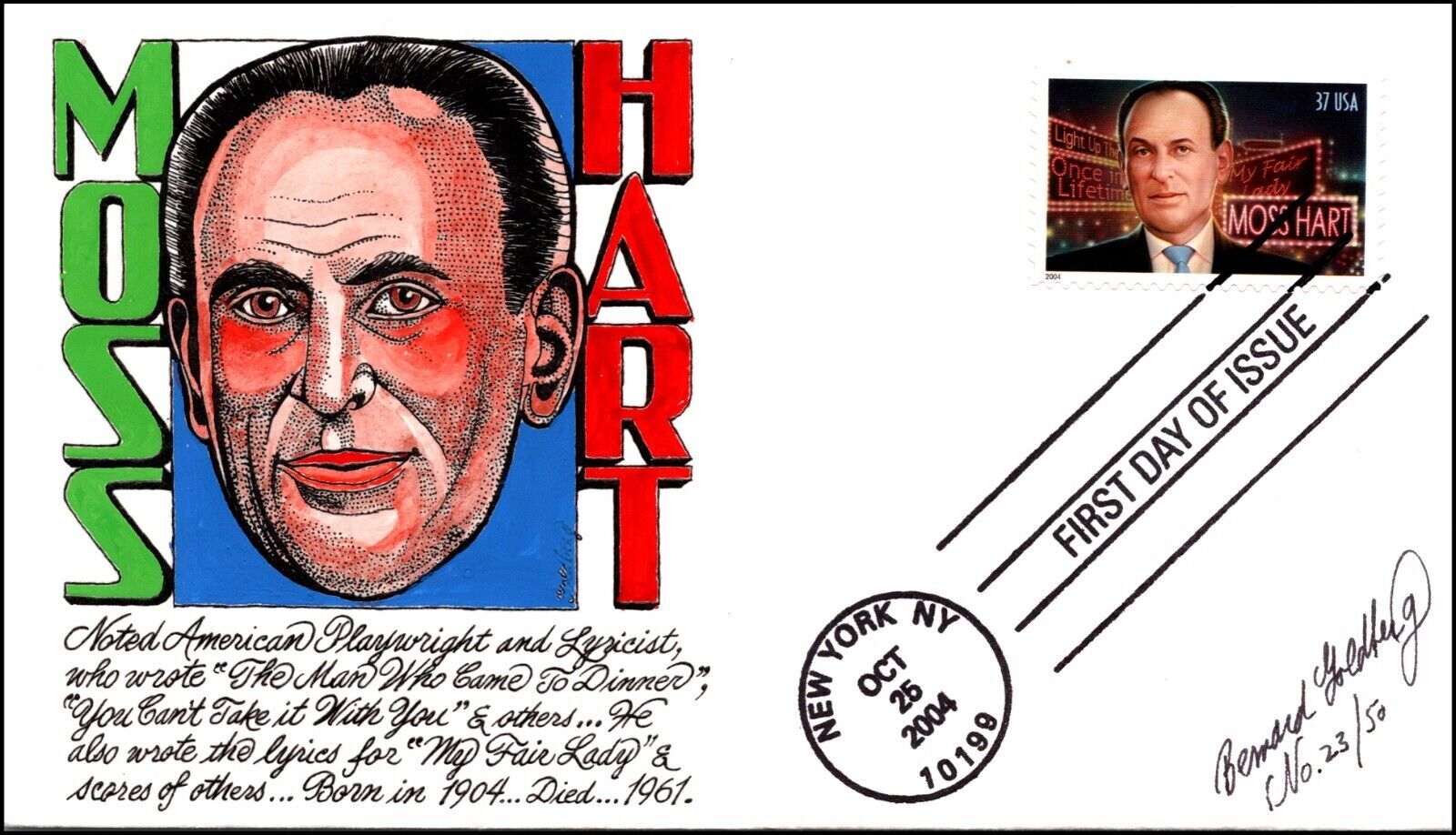 Scott 3839 37 Cents Moss Hart Bernard Goldberg Hand Painted FDC 23 Of ...