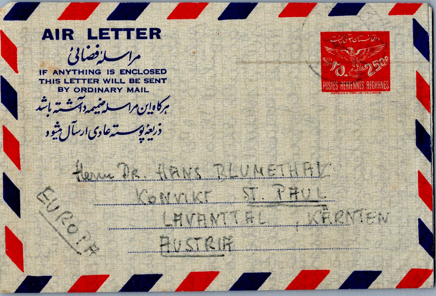 Afghanistan 250p Falcon Carrying Letters Air Letter c1952 to St. Paul ...