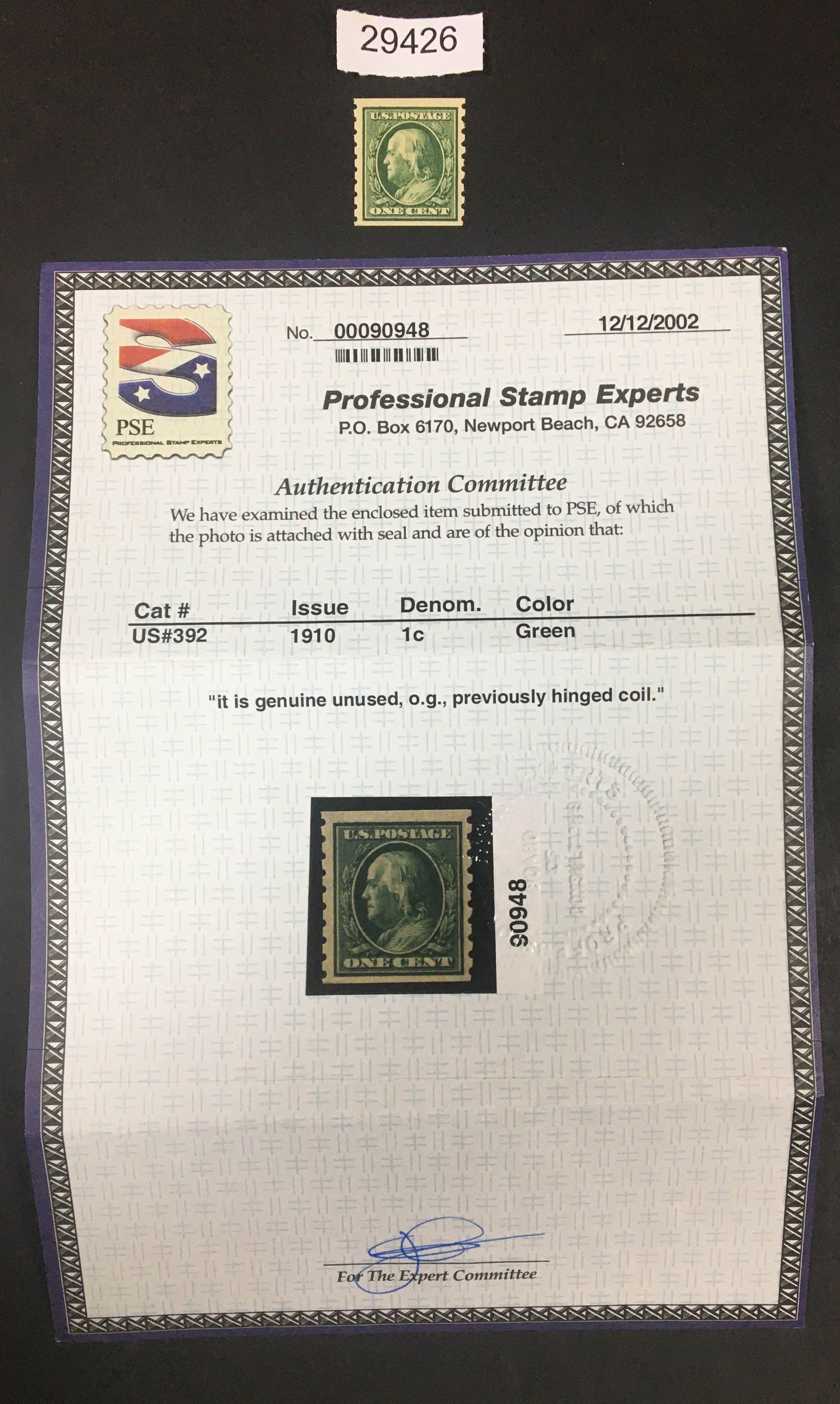 US Stamps # 392 Mint OG LH **Pse Cert** LOT #29426 | United States ...