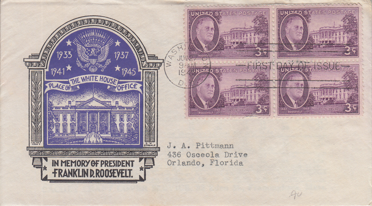 1945 Roosevelt Memorial (4) B4 (Scott 930-33) Staehle TA FDC | United ...