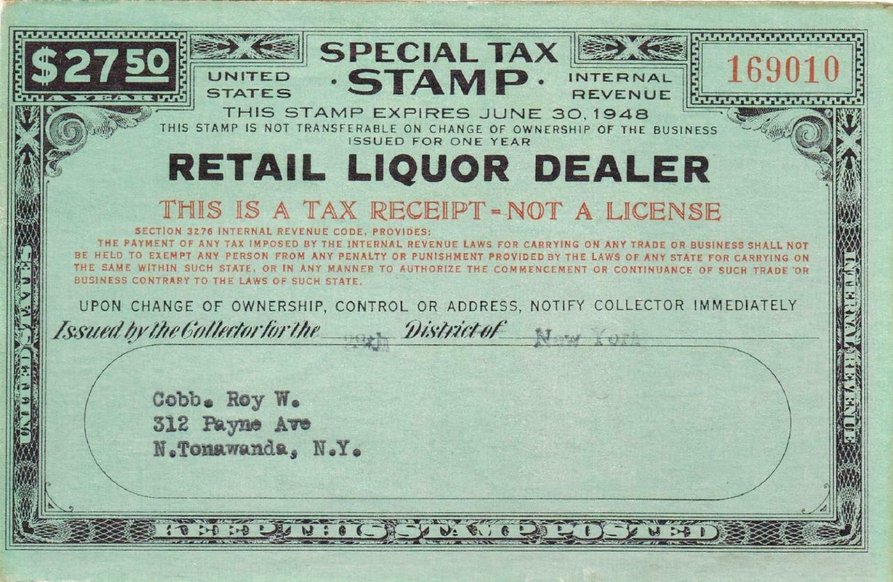 1947, $27.50 Retail Liquor Dealer Special Tax Stamp (15860) / HipStamp