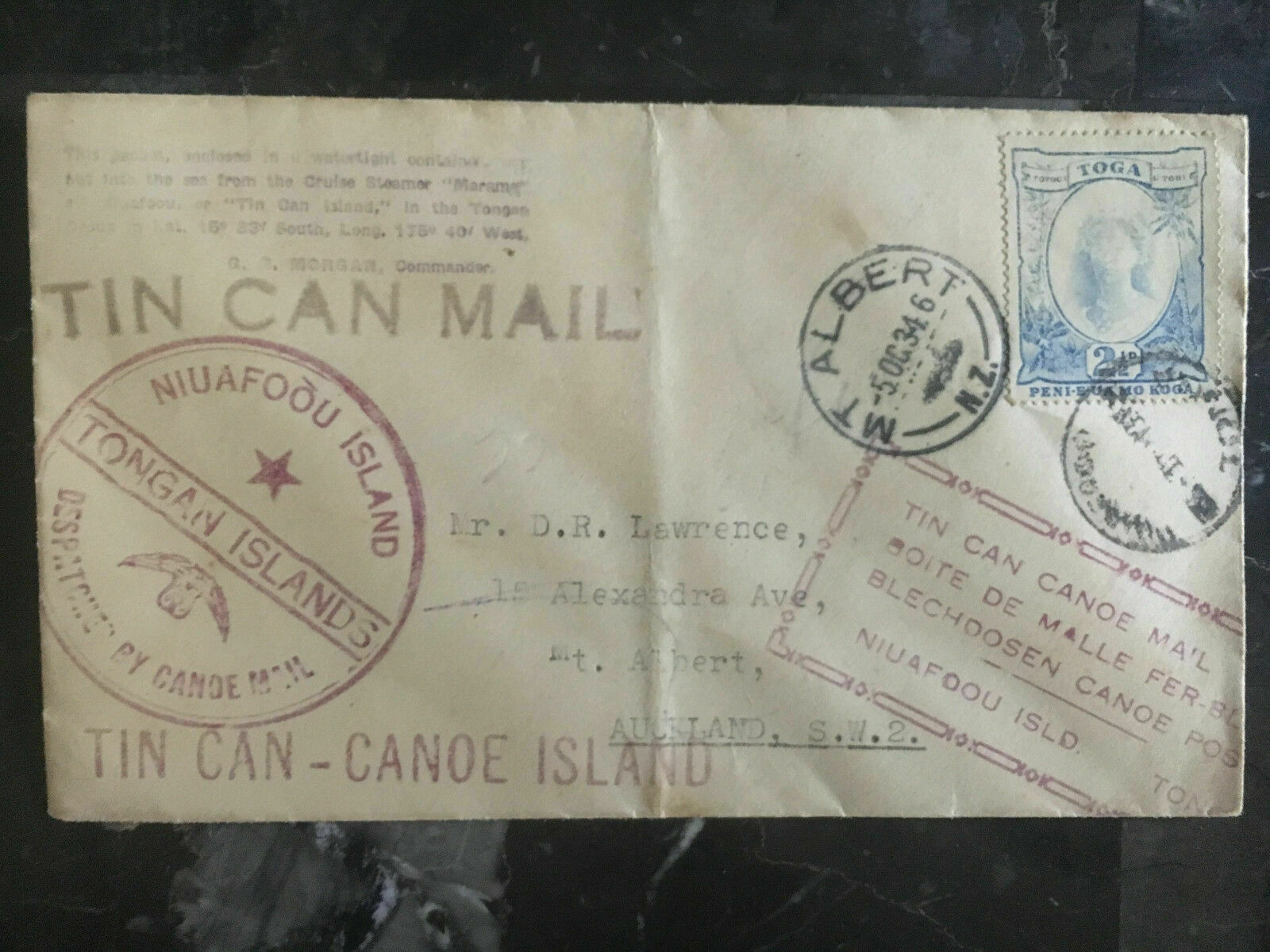1934 Mt Albert Tonga Toga Tin Can Canoe Mail Cover to Auckland New ...
