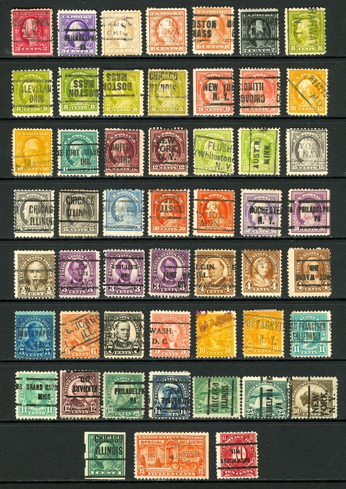 #415 / #700, #J65 1914-1931 1/2c-50c Crazy Precancel Error Lot Inverted ...