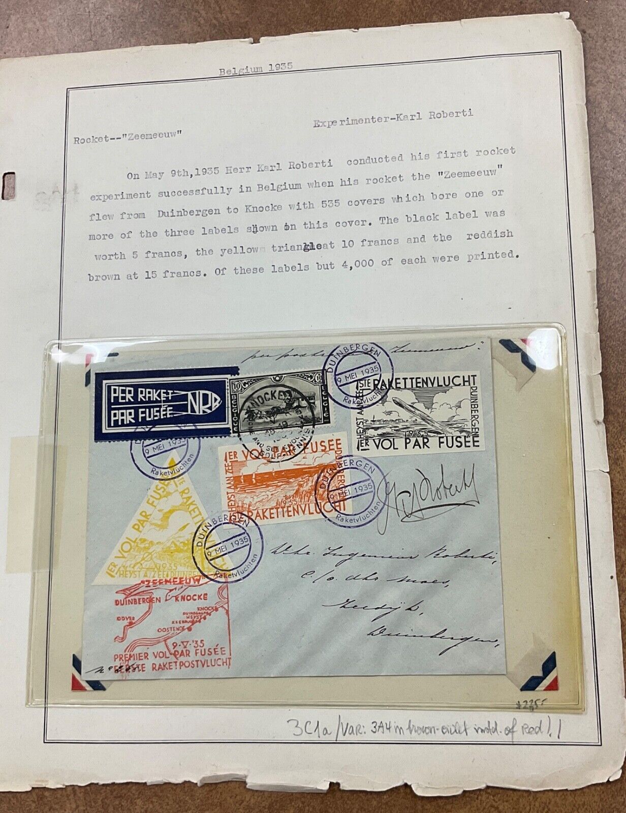 Belgium May 1935 Rocket Mail cover Signed by Roberti Pilot 3 labels on ...