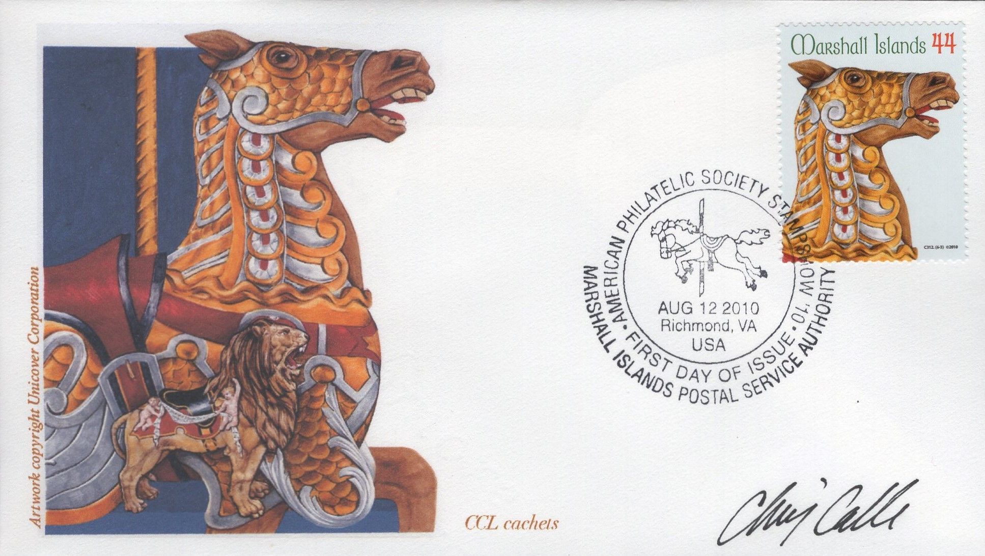 Set of 6 CCL Printed FDCs for the 2010 Marshall Islands Carousel Horses ...