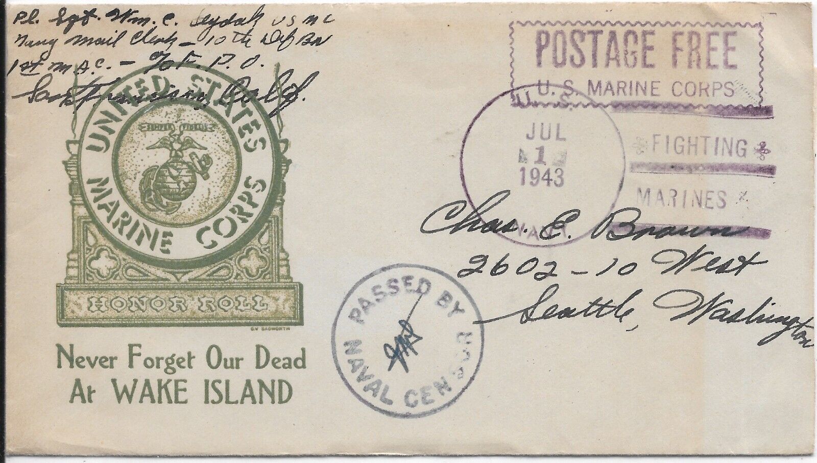 USMC 10th Defense Battalion to Seattle, Wa 1943, censored (N8238 ...