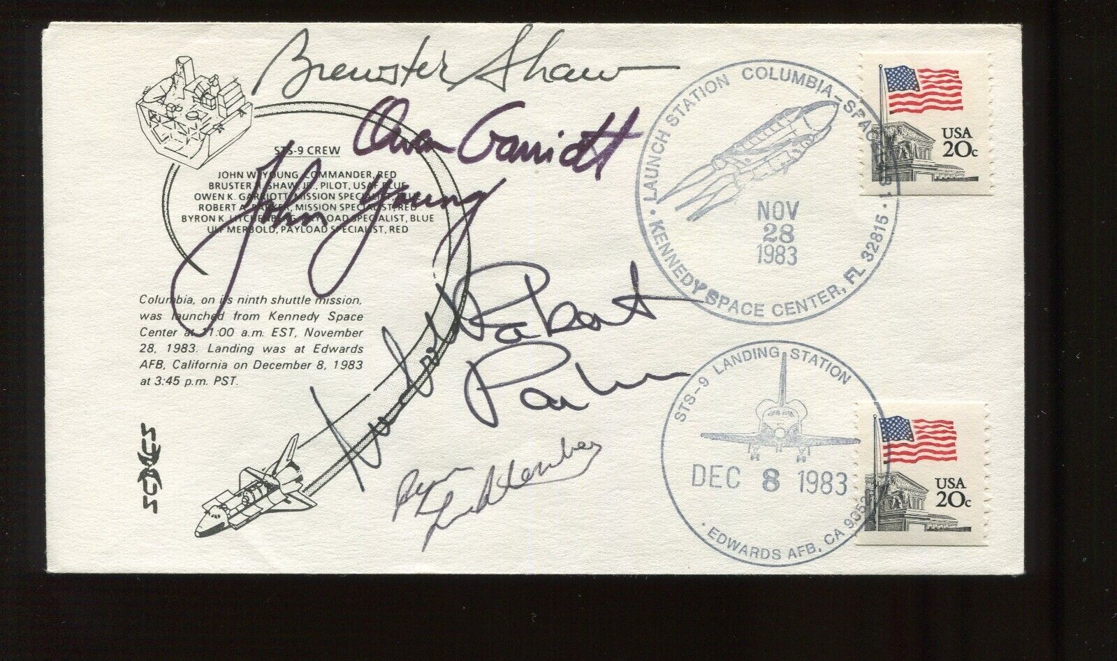 Nasa Sts-9 Astronaut Crew Signed NOV 28 & DEC 8 1983 Launch/Landing ...