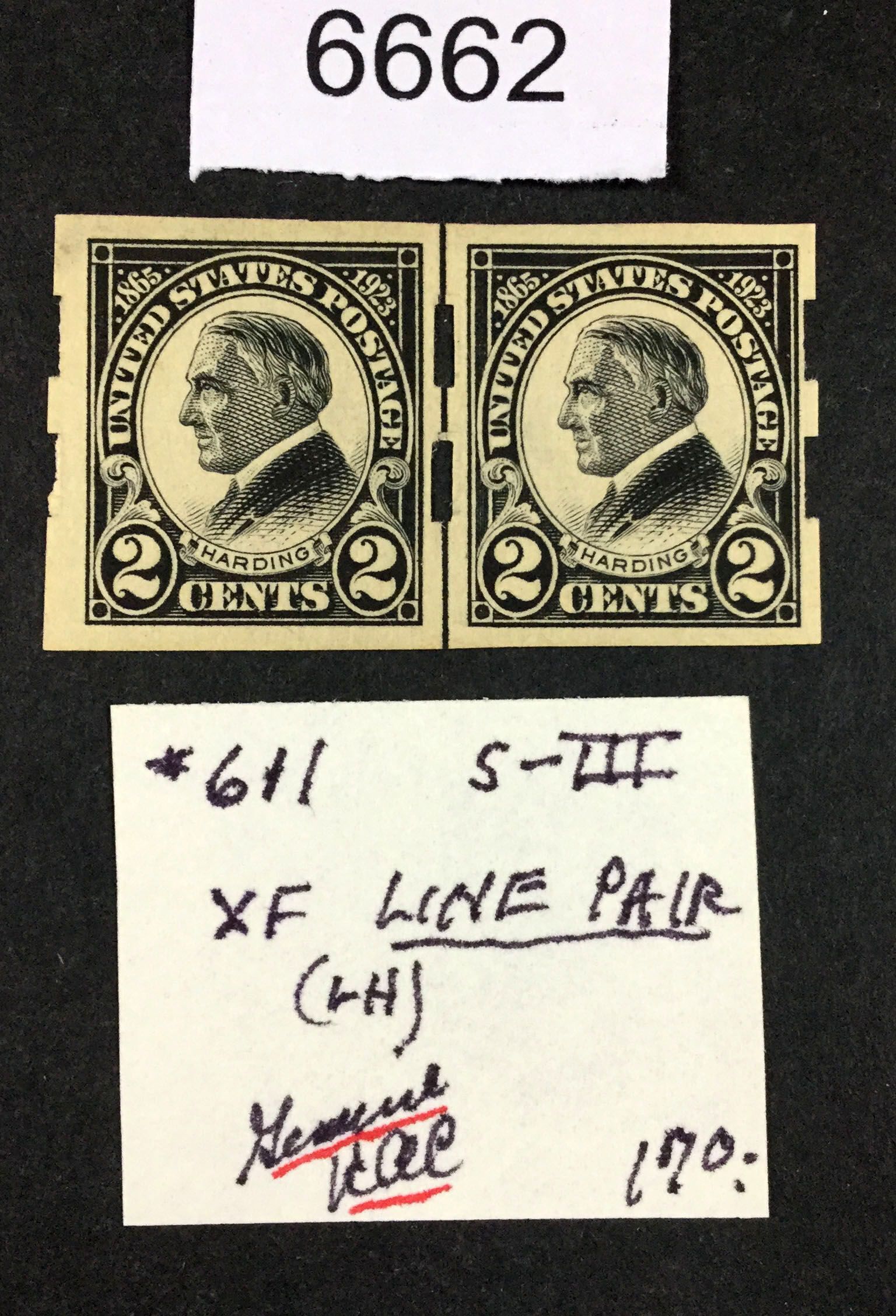 US Stamps # 611 Mint OG LH Line Pair Schermack Type III LOT #A 6662 ...