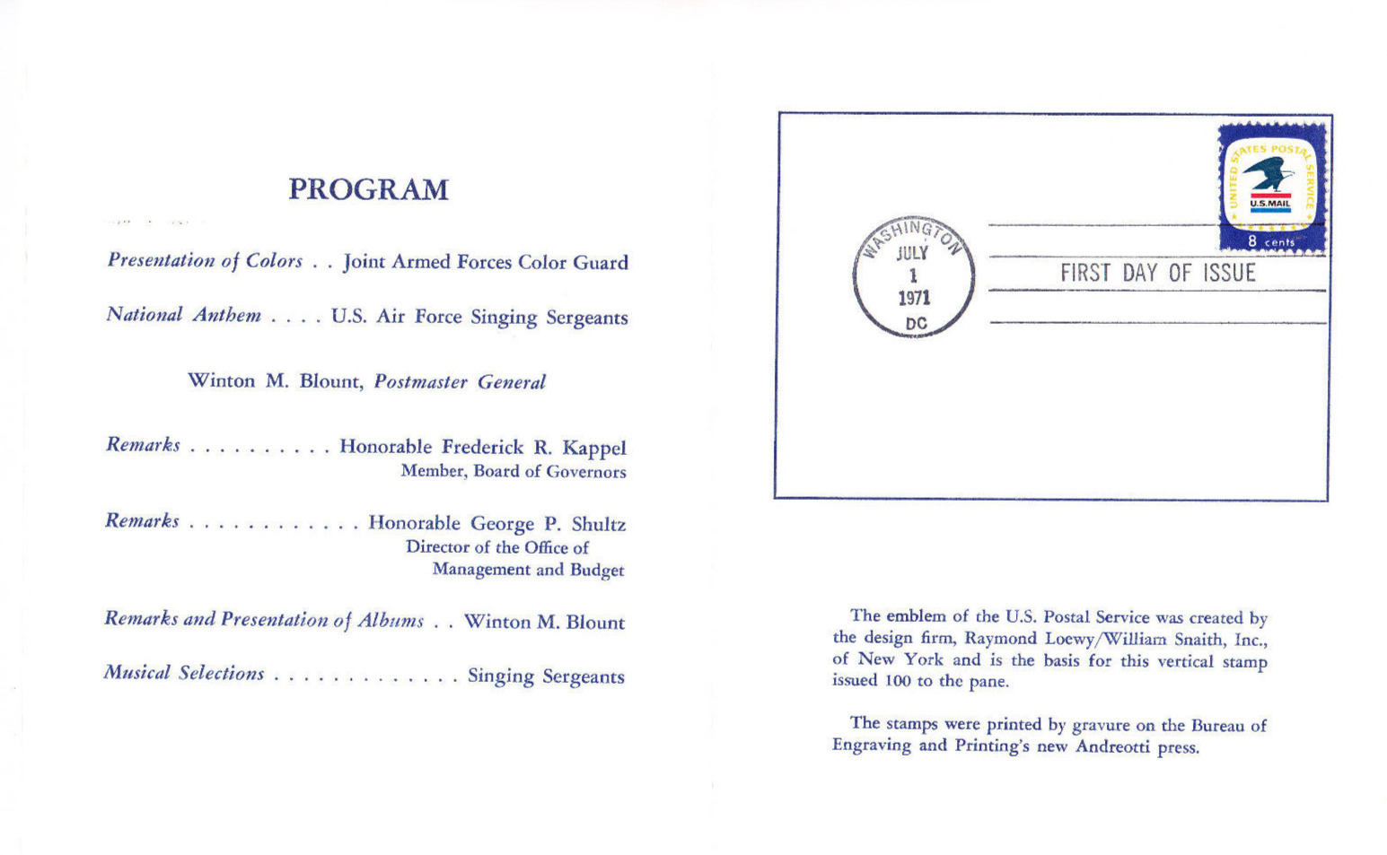 USPS First Day Ceremony Program #1396 Emblem - U.S. Mail 1971 | United ...