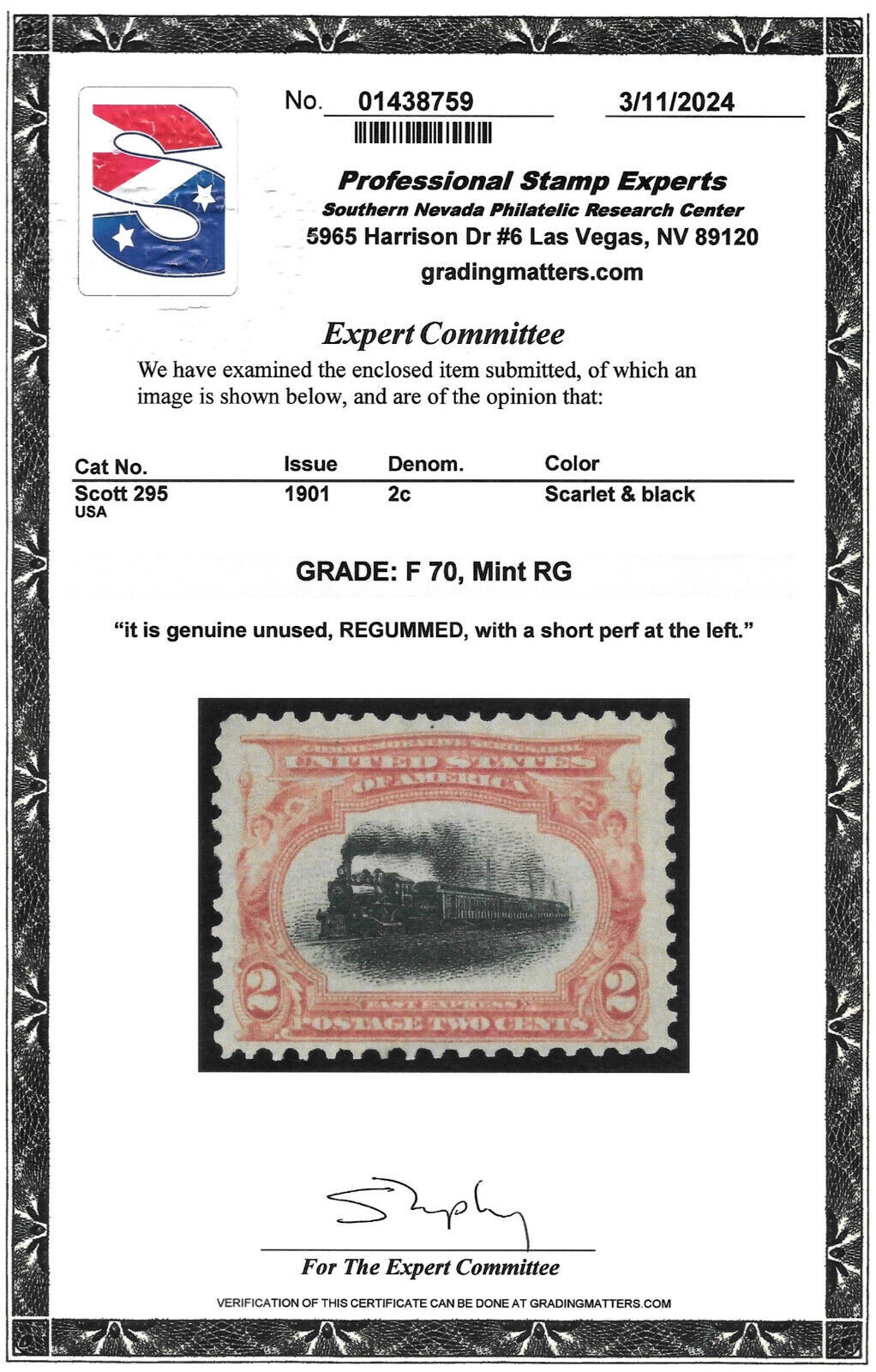 US # 295 1901, 2¢ Pan-American Expo, COLOR VARIETY,Mint, PSE 70 ...