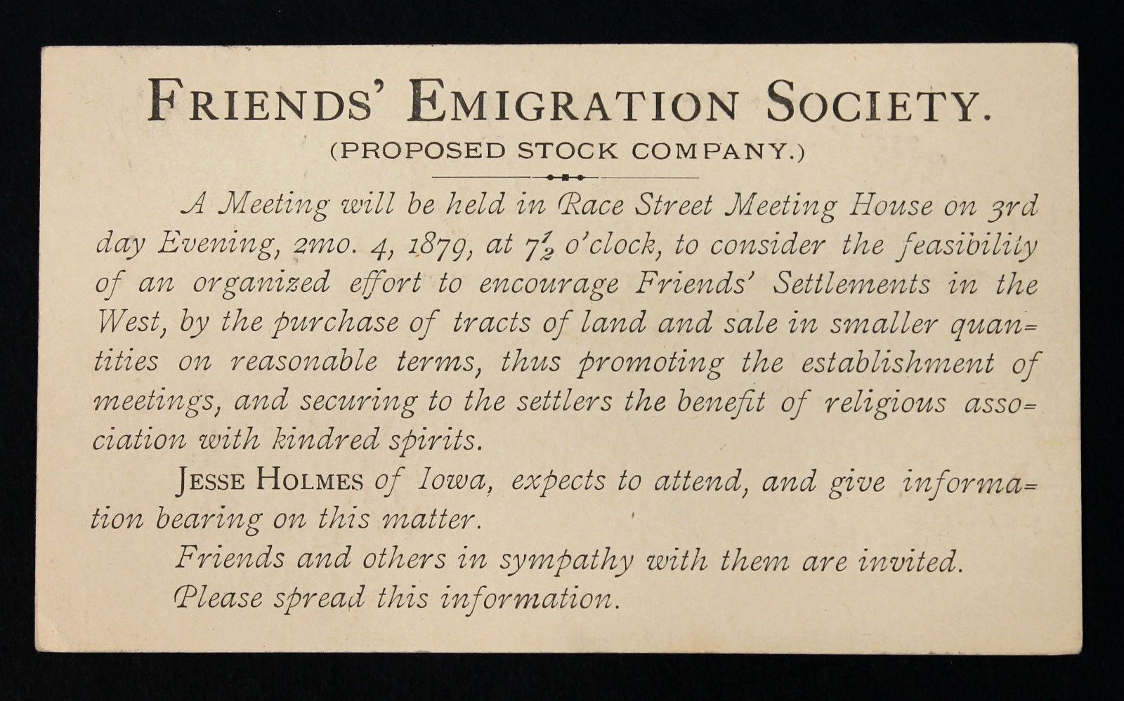 USS #UX5 Postal Card Preprinted on back "Friend's Emigration Society ...