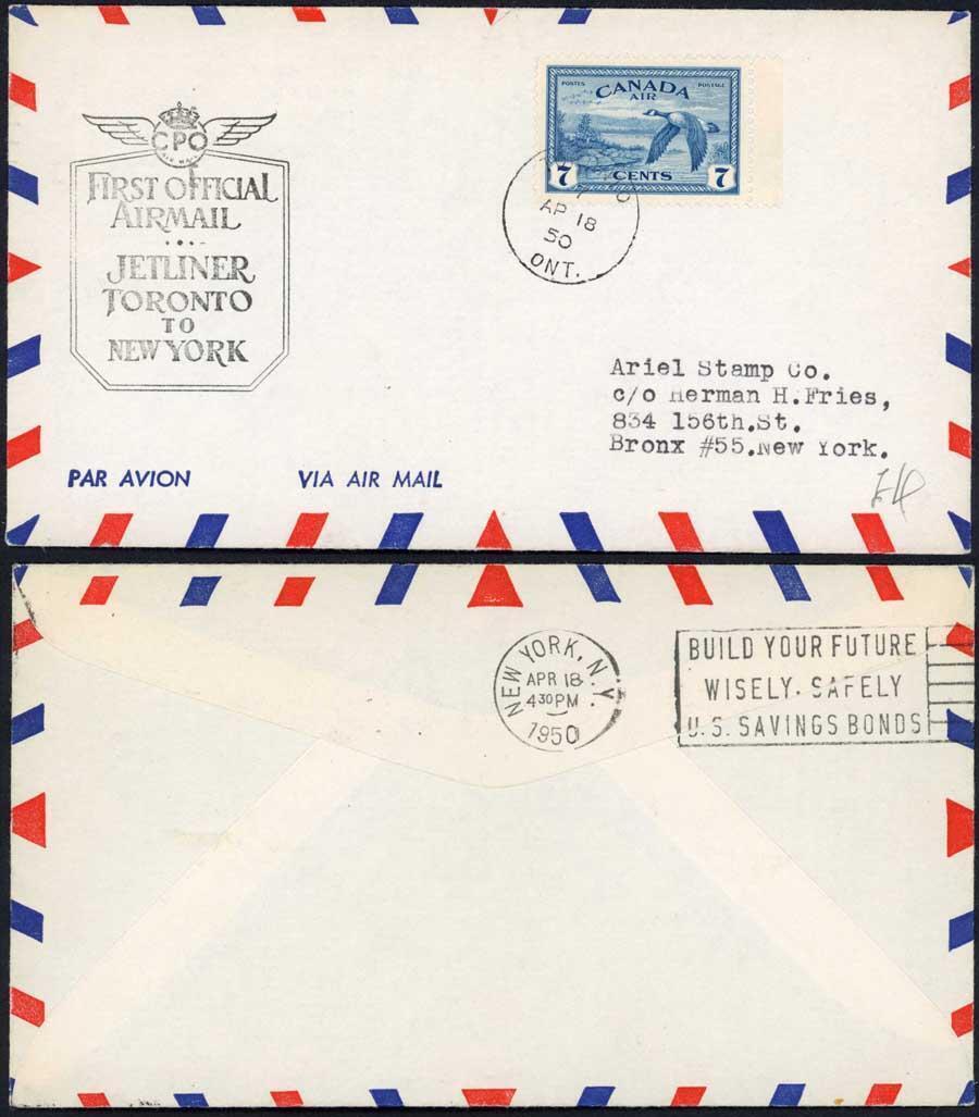 Canada 1950 Jetliner Toronto to New York First Flight Cover | Canada ...
