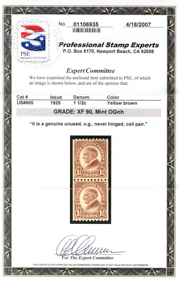 605 XF OG NH, Pair, W/PSE (Graded 90 (04/07)..More.. Gg1529 | United ...
