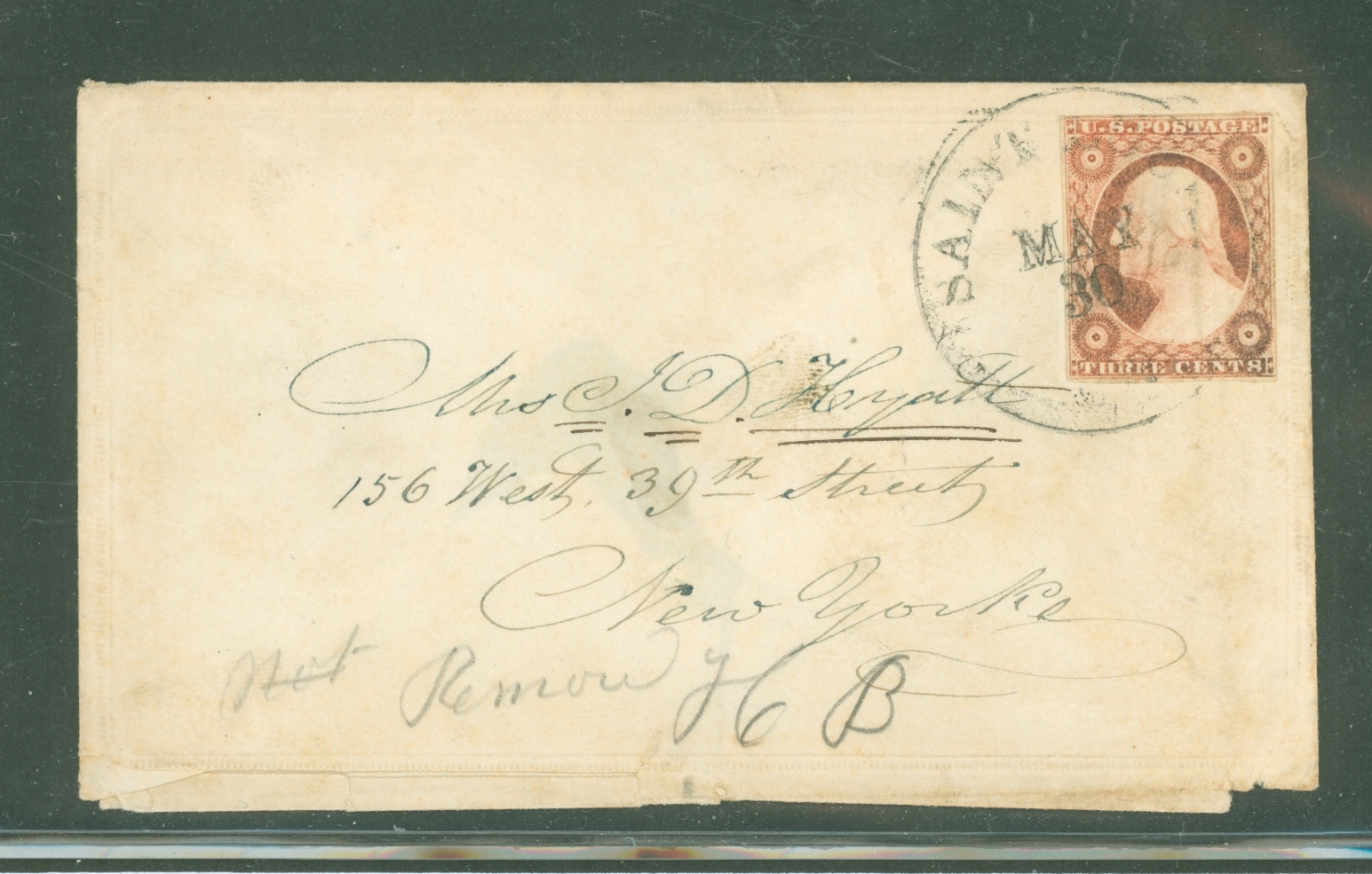 US 11 4 margins - appears to be Sacamanca, NY cancel - the envelope is ...