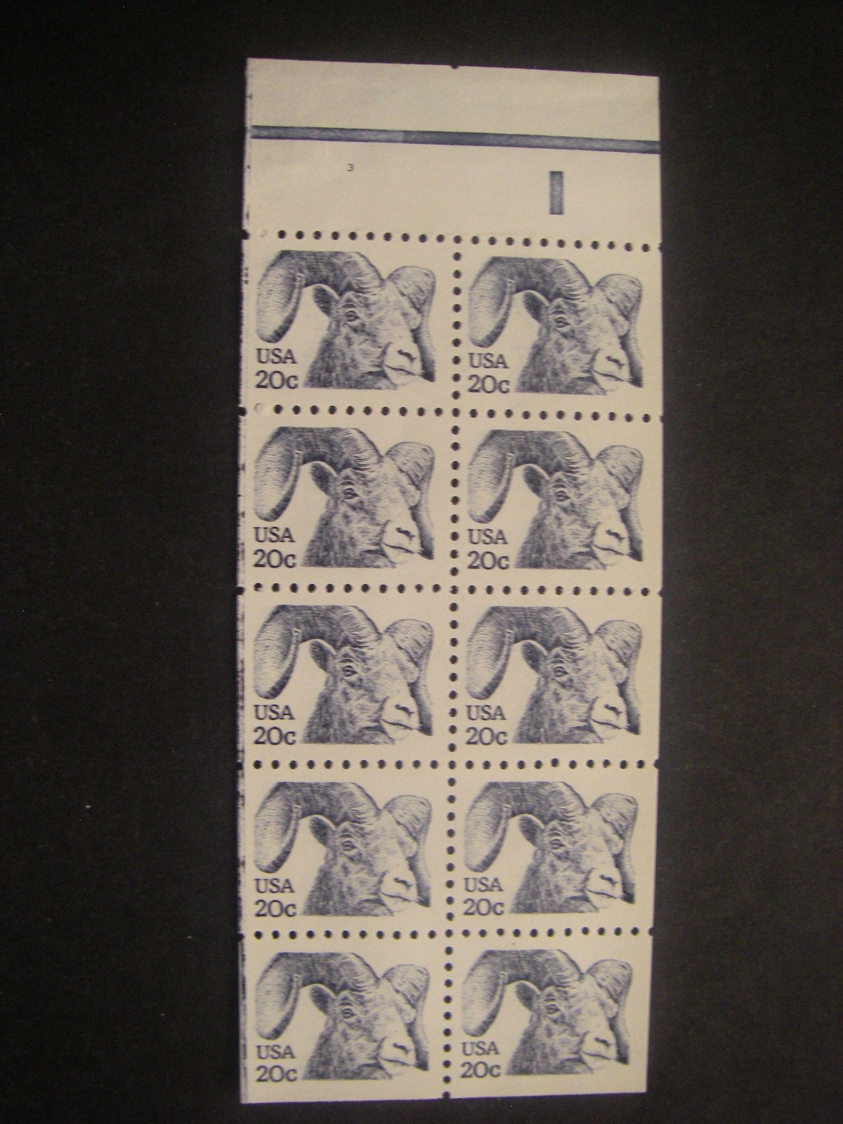 Scott 1949a, 20c Bighorn Sheep, Pane of 10, Plate #3, MNH Booklet ...
