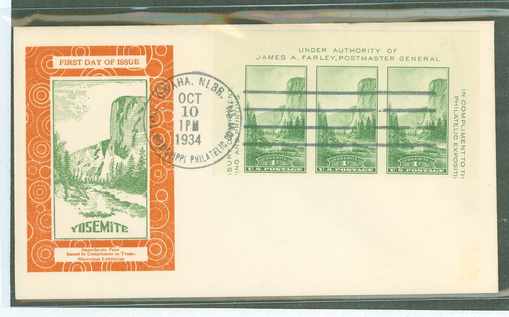 US 751a 1934 1c Yosemite (strip of three imperfs stamps taken from the ...
