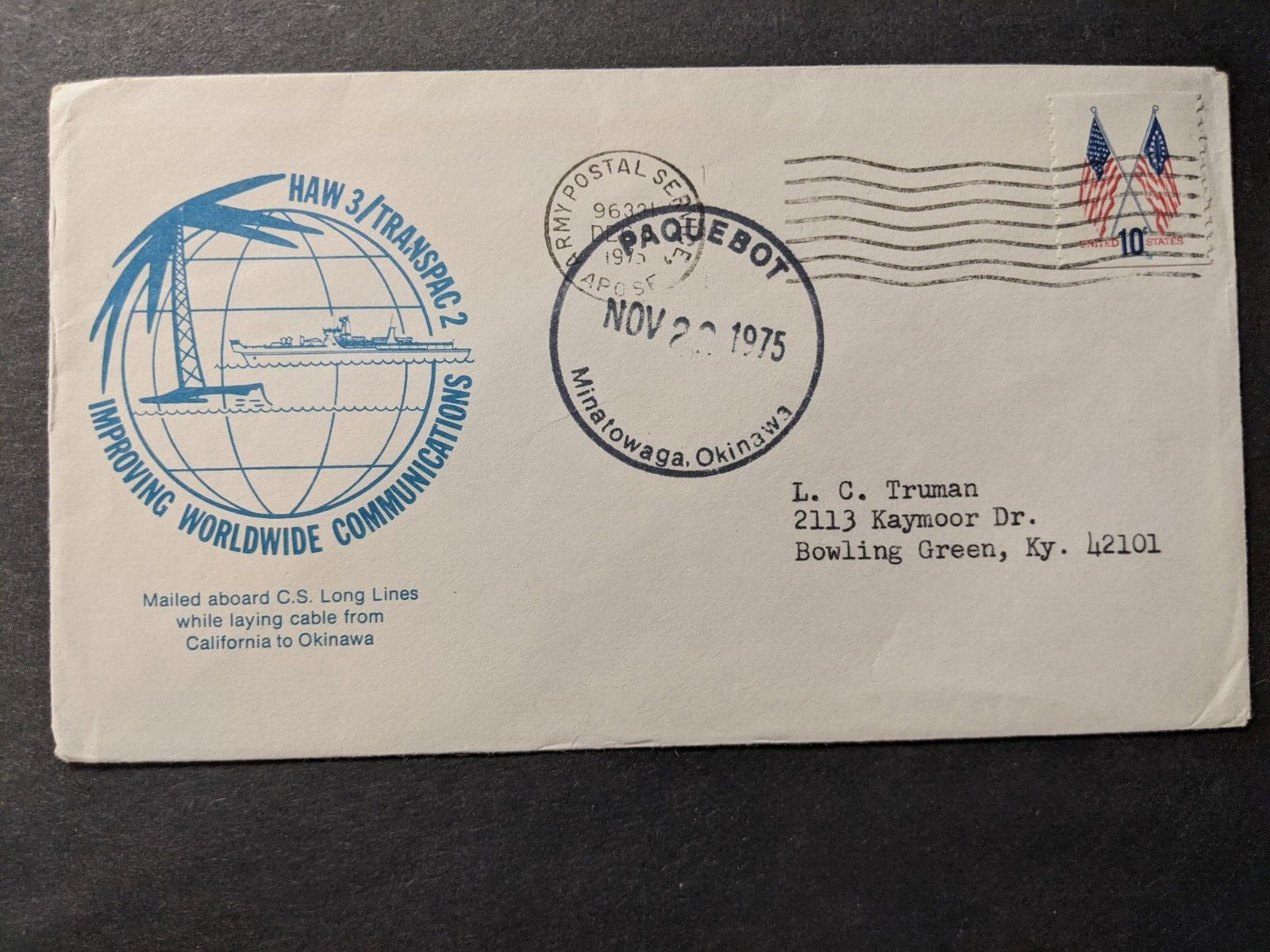 Ship CS LONG LINES Naval Cover LAYING CABLE Cachet MINATOWAGA, OKINAWA ...